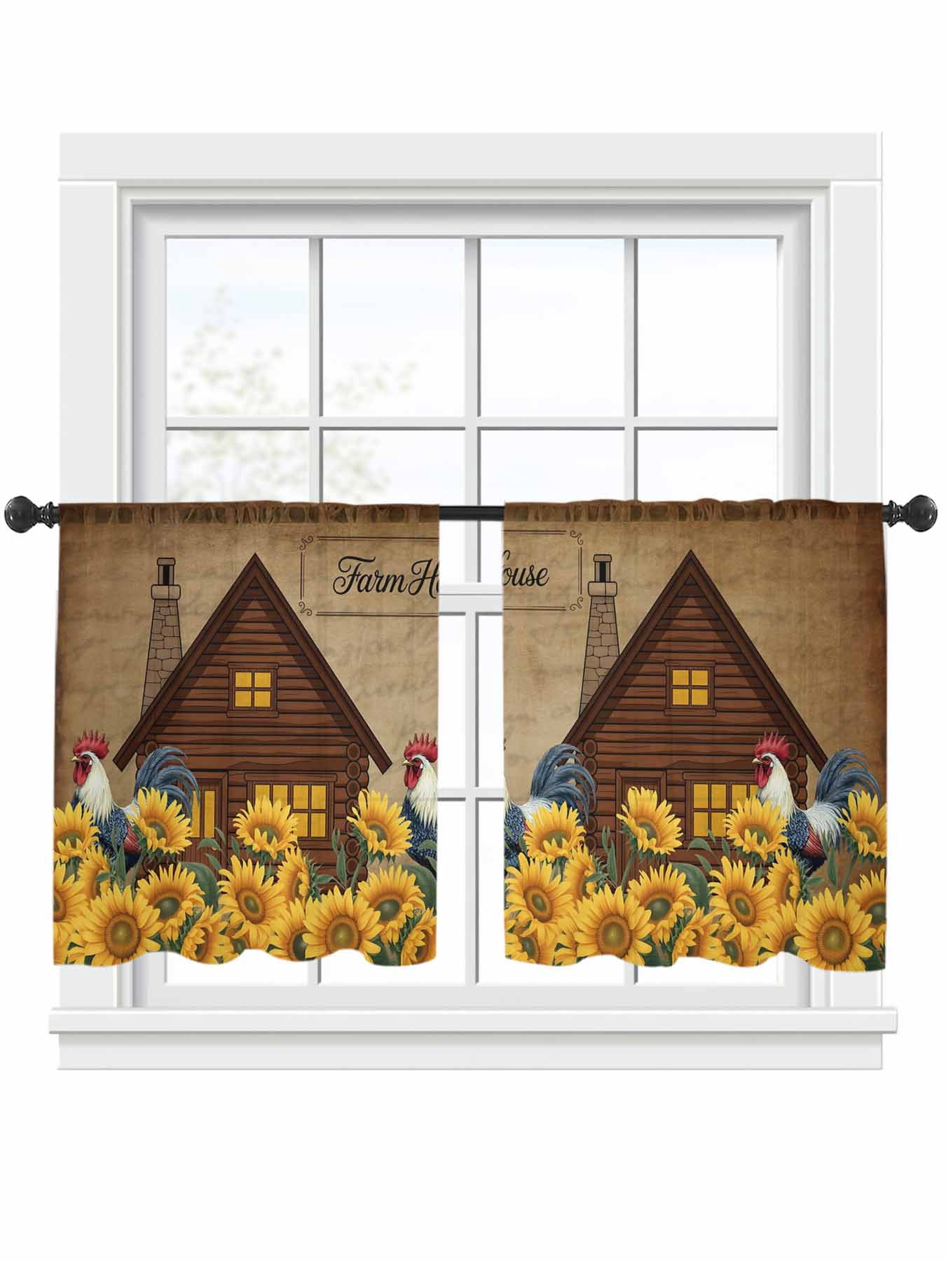 Rustic Sheer Curtains 54 Inch Long 2 Panels, Farmhouse Barn Chicken ...