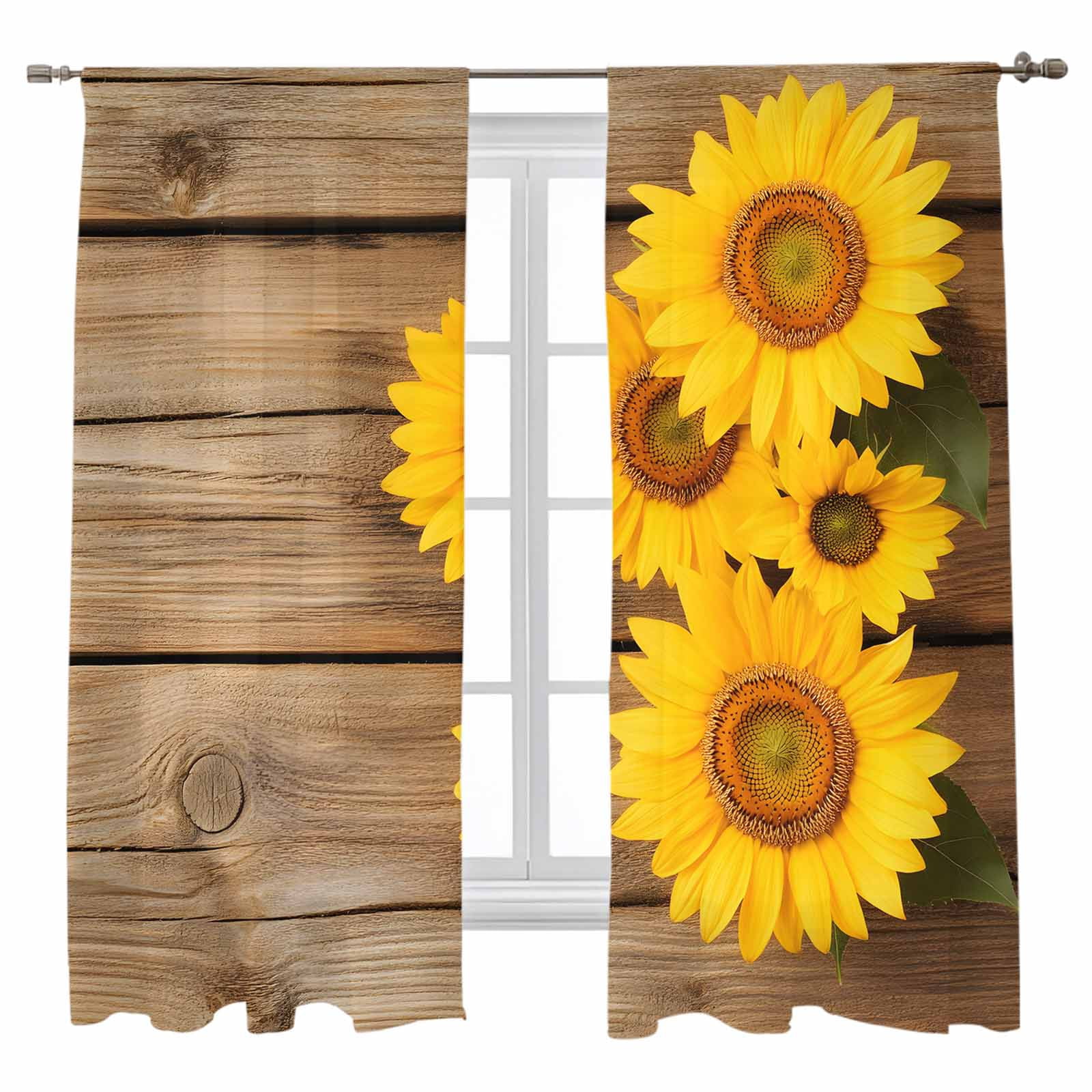 Rustic Sheer Curtains 63 inches Long 2 Panels Set Sunflowers Wood Grain ...