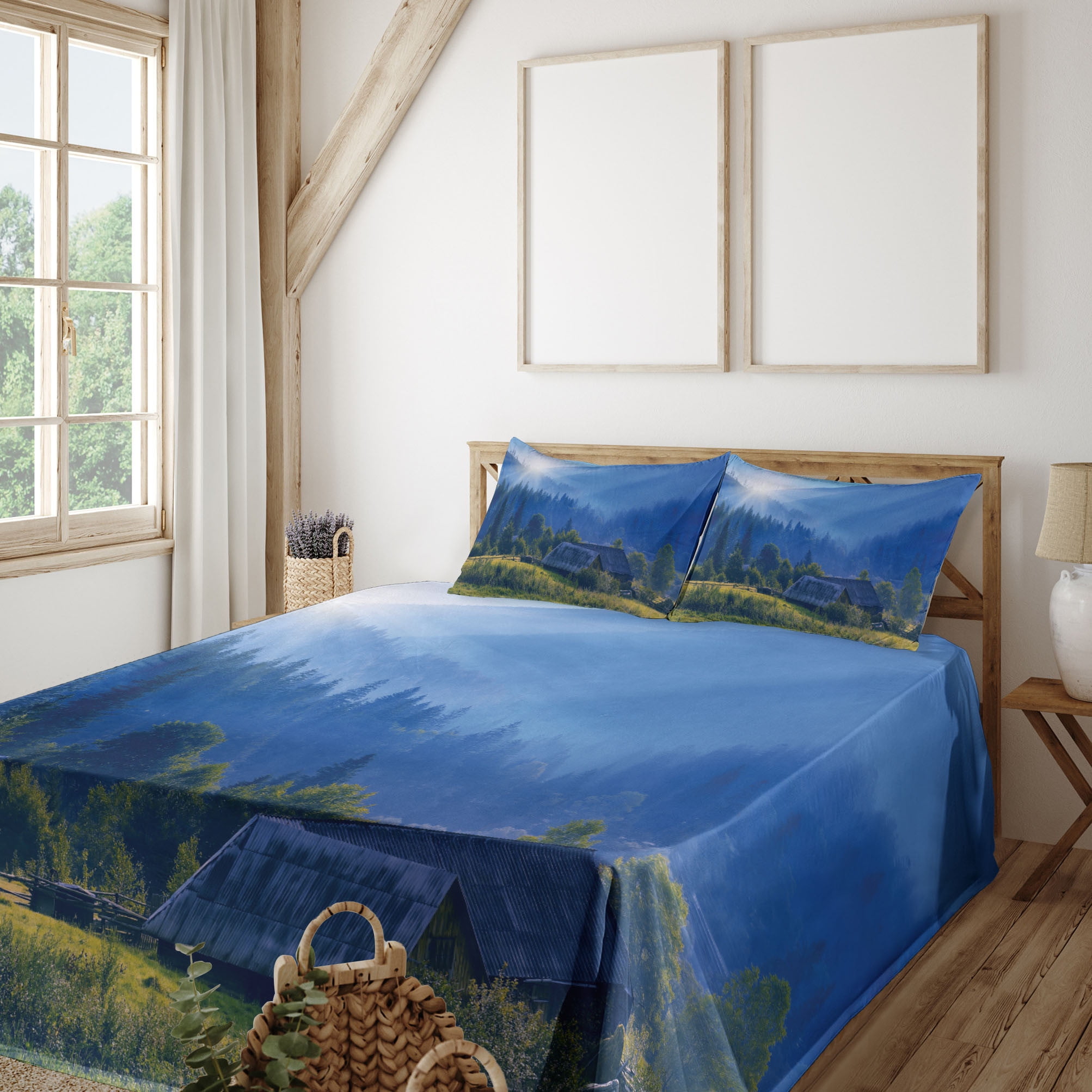 Rustic Sheet Set, Mountain Village Ukraine Rising Sun Pine Trees Forest ...