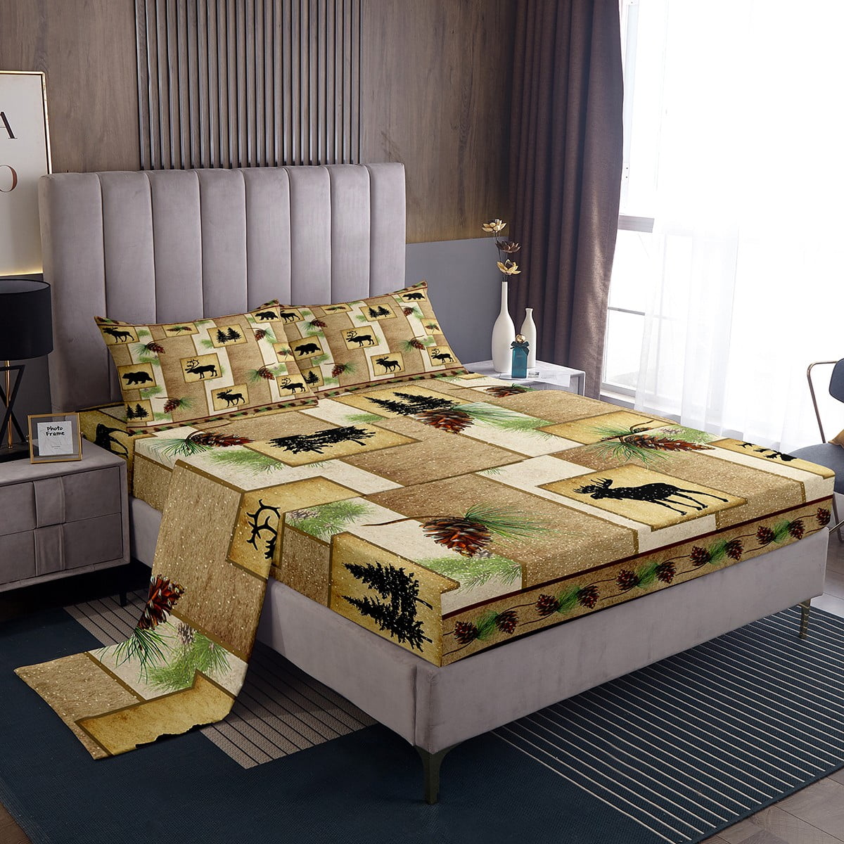 Rustic Sheet Set Bear Moose Elk Deer Hunting Sheets Pine Tree Branches ...