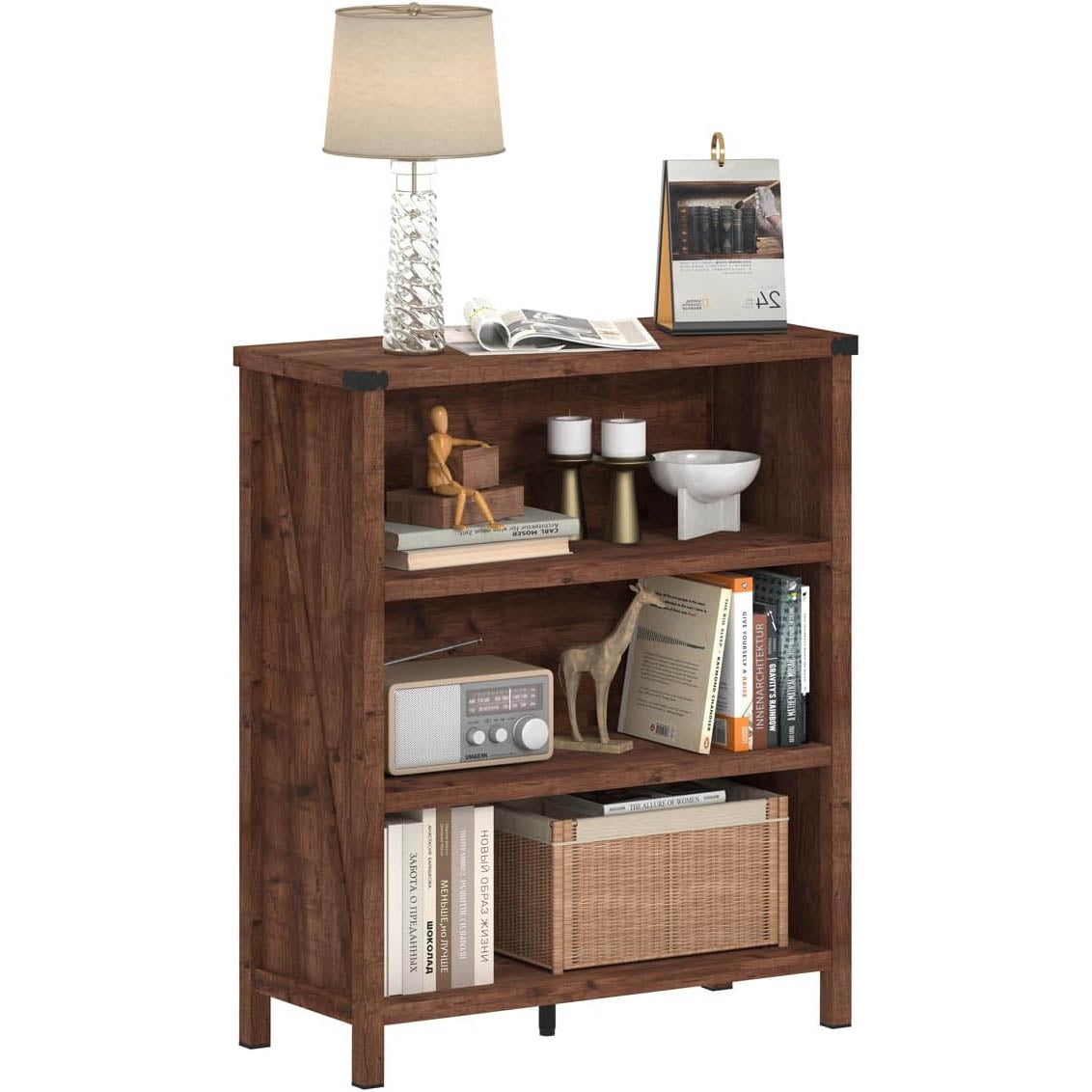 Rustic Short Bookshelf, 3 Shelf Bookcase, Small Wood Low Bookcase ...