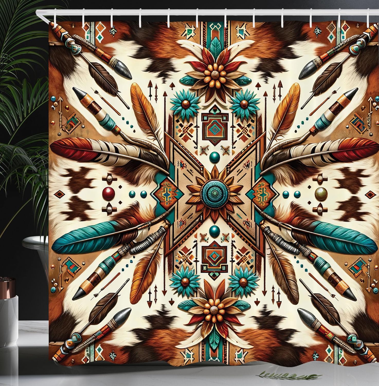 Rustic Shower Curtain, Aztec Inspired Design with Feathers and Ethnic ...