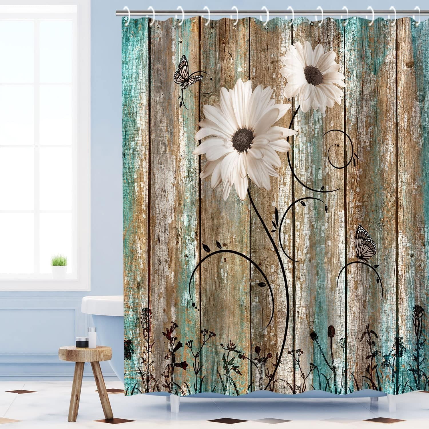 Rustic Shower Curtain Floral Barnwood Fabric Farmhouse Bath Curtain 12 ...
