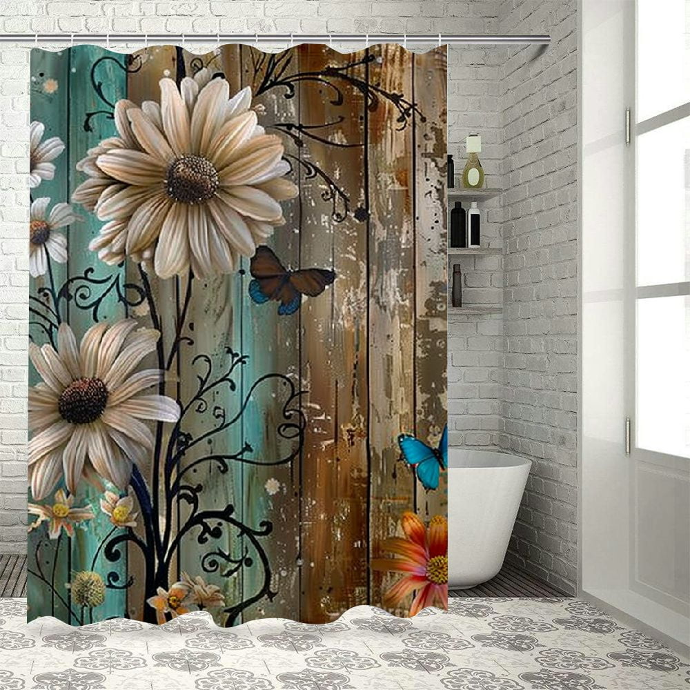 Rustic Shower Curtain Floral Barnwood Fabric Farmhouse Bath Curtain ...