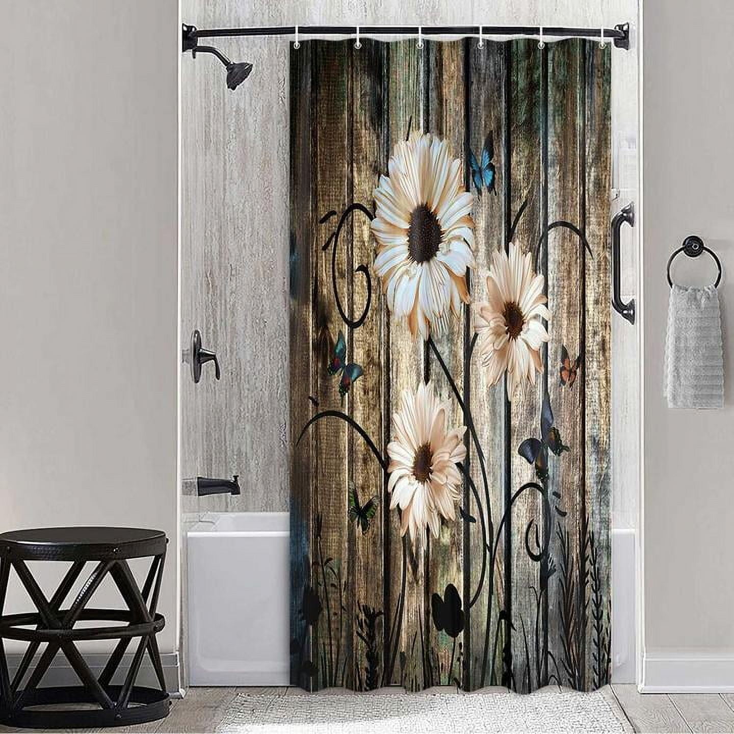 Rustic Shower Curtain Set, Grey Brown Floral Fabric Farmhouse Bath ...
