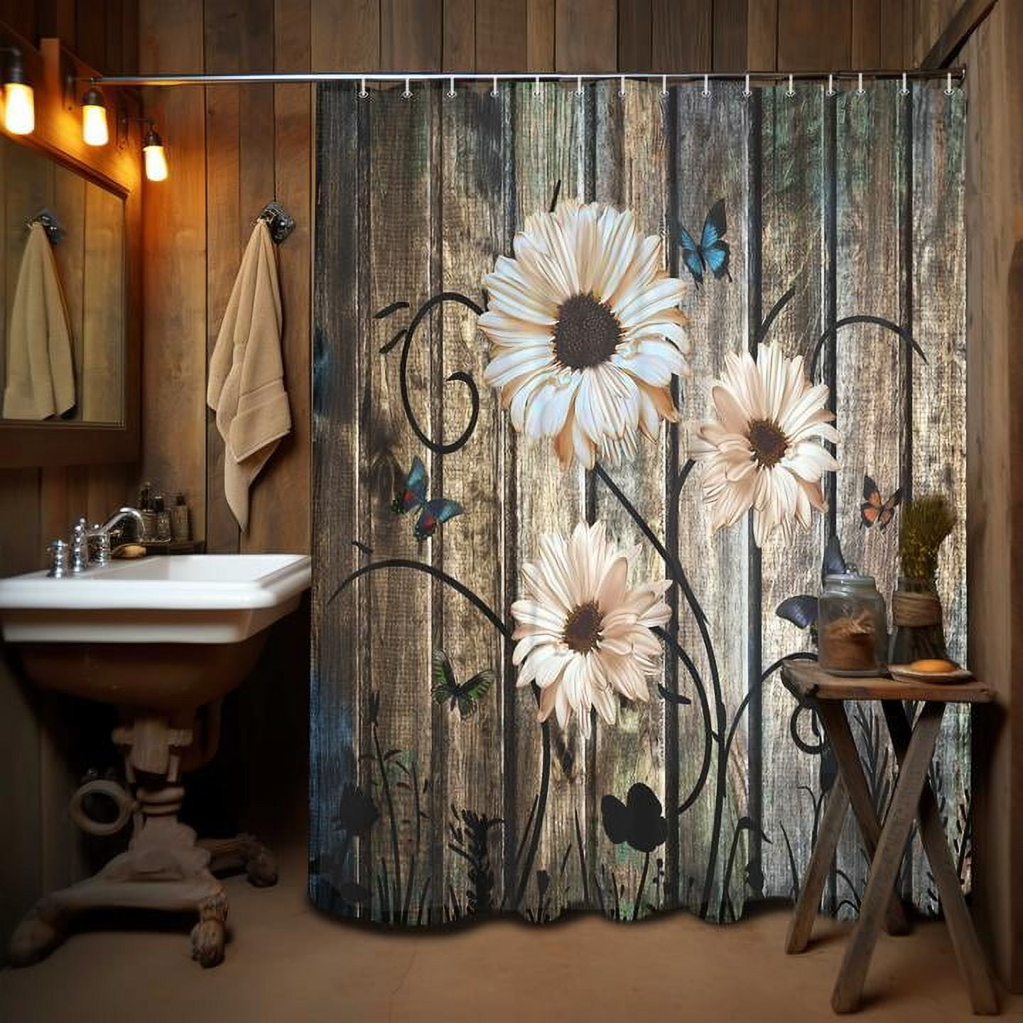 Rustic Shower Curtain Set, Grey Brown Floral Fabric Farmhouse Bath ...
