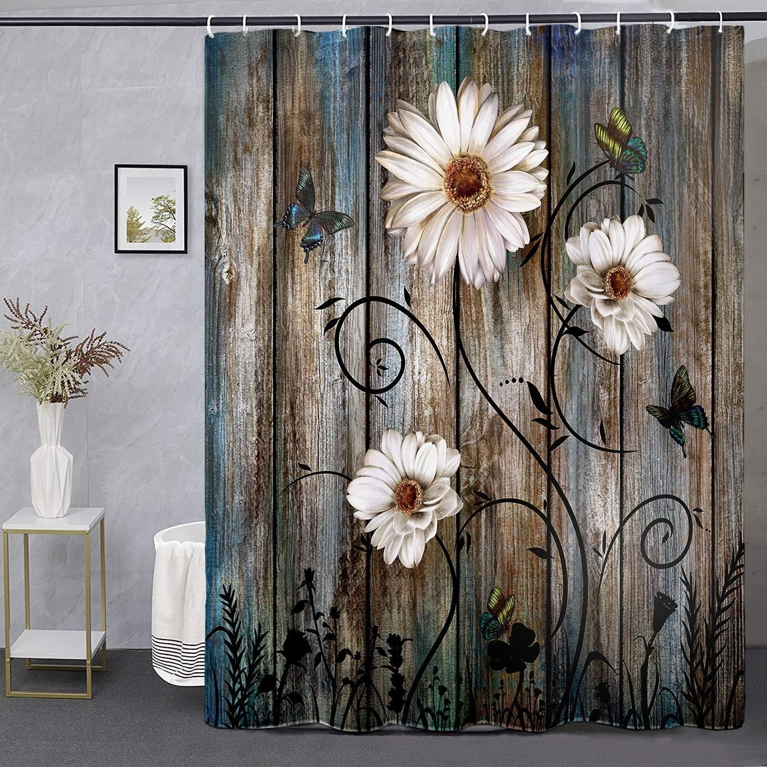 Rustic Shower Curtain Set Grey Floral Fabric Bath Curtain 12 Hooks Butterfly Daisy American ...