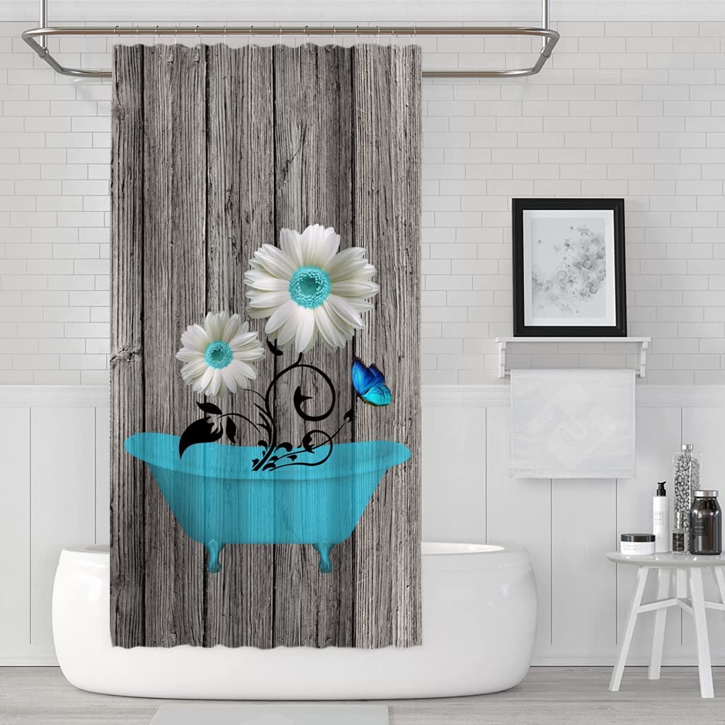 Rustic Shower Curtain Set Grey Floral Fabric Bath Curtain 6 Hooks ...