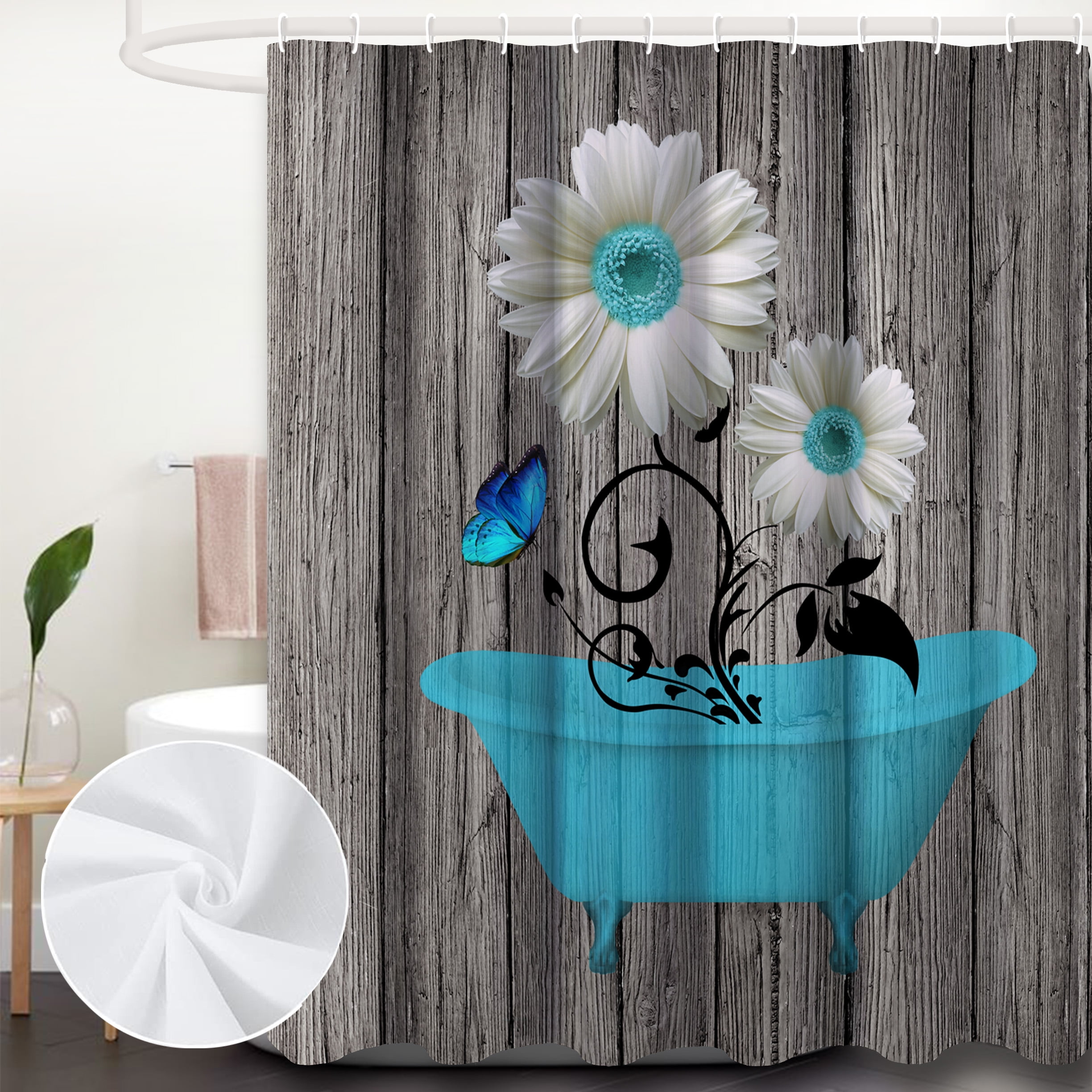 Rustic Shower Curtain Set Grey Floral Fabric Daisy Bath Curtain ...