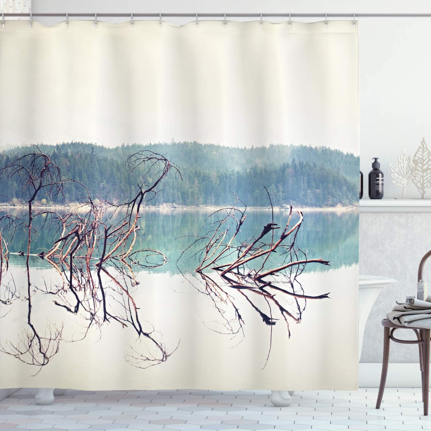 Rustic Shower Curtain, Wooden Window with Beaming Sun Scenic View of ...