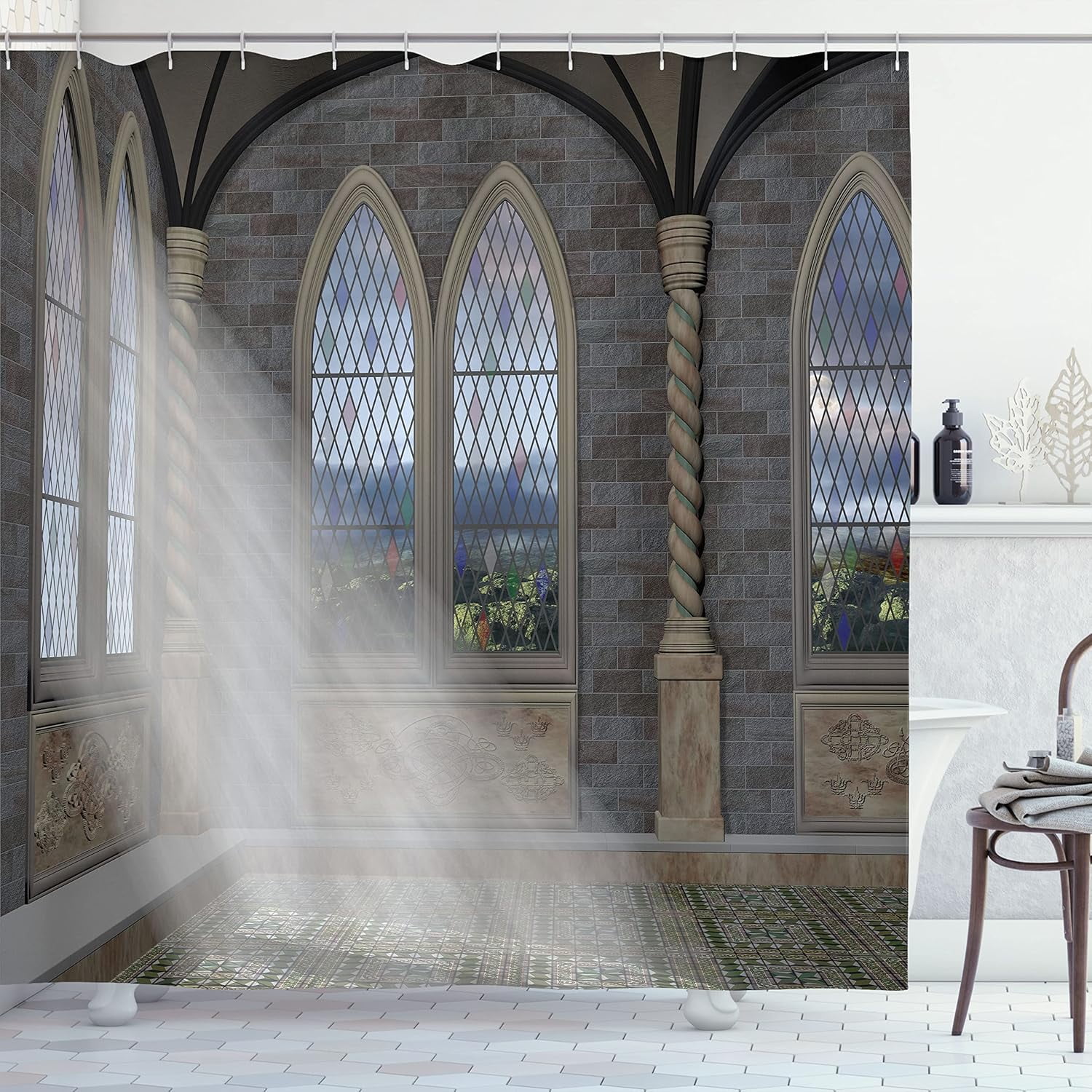Rustic Shower Curtain, Wooden Window with Beaming Sun Scenic View of ...