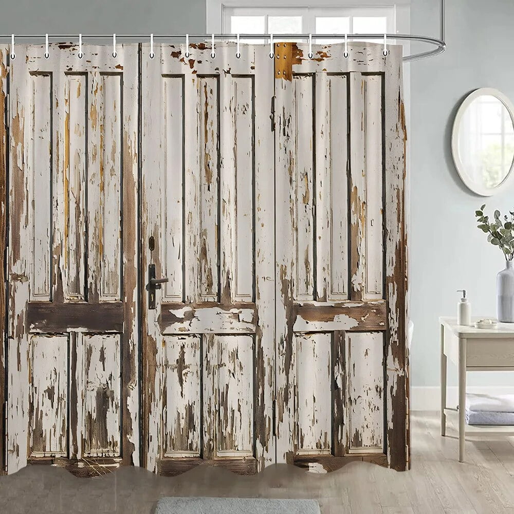 Rustic Shower Curtains Wooden Barn Door in Stone Farmhouse Image ...