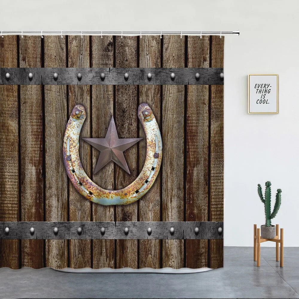 Rustic Shower Curtains Wooden Barn Door in Stone Farmhouse Image ...