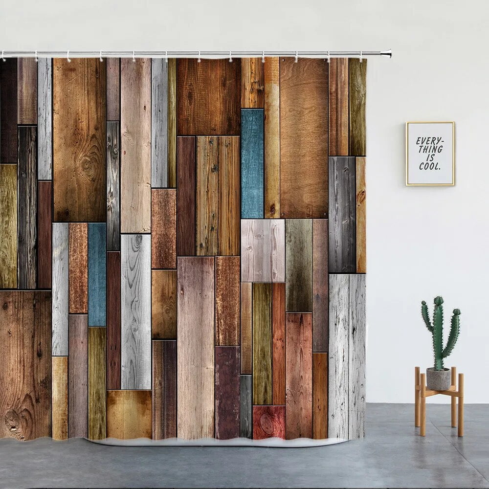 Rustic Shower Curtains Wooden Barn Door in Stone Farmhouse Image ...