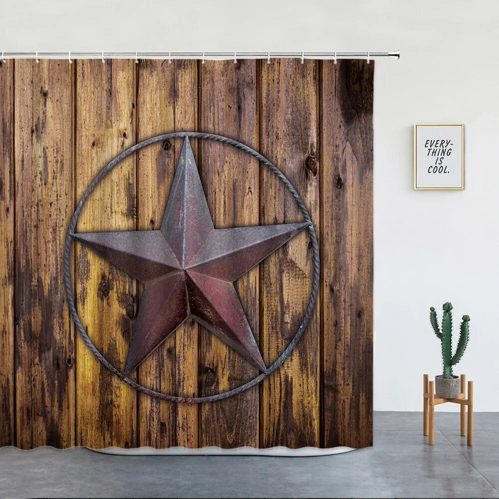 Rustic Shower Curtains Wooden Barn Door in Stone Farmhouse Image ...