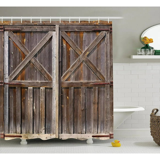 Rustic Shower Curtains Wooden Barn Door in Stone Farmhouse Image ...