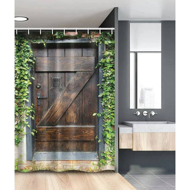 Rustic Shower Curtains Wooden Barn Door in Stone Farmhouse Image ...
