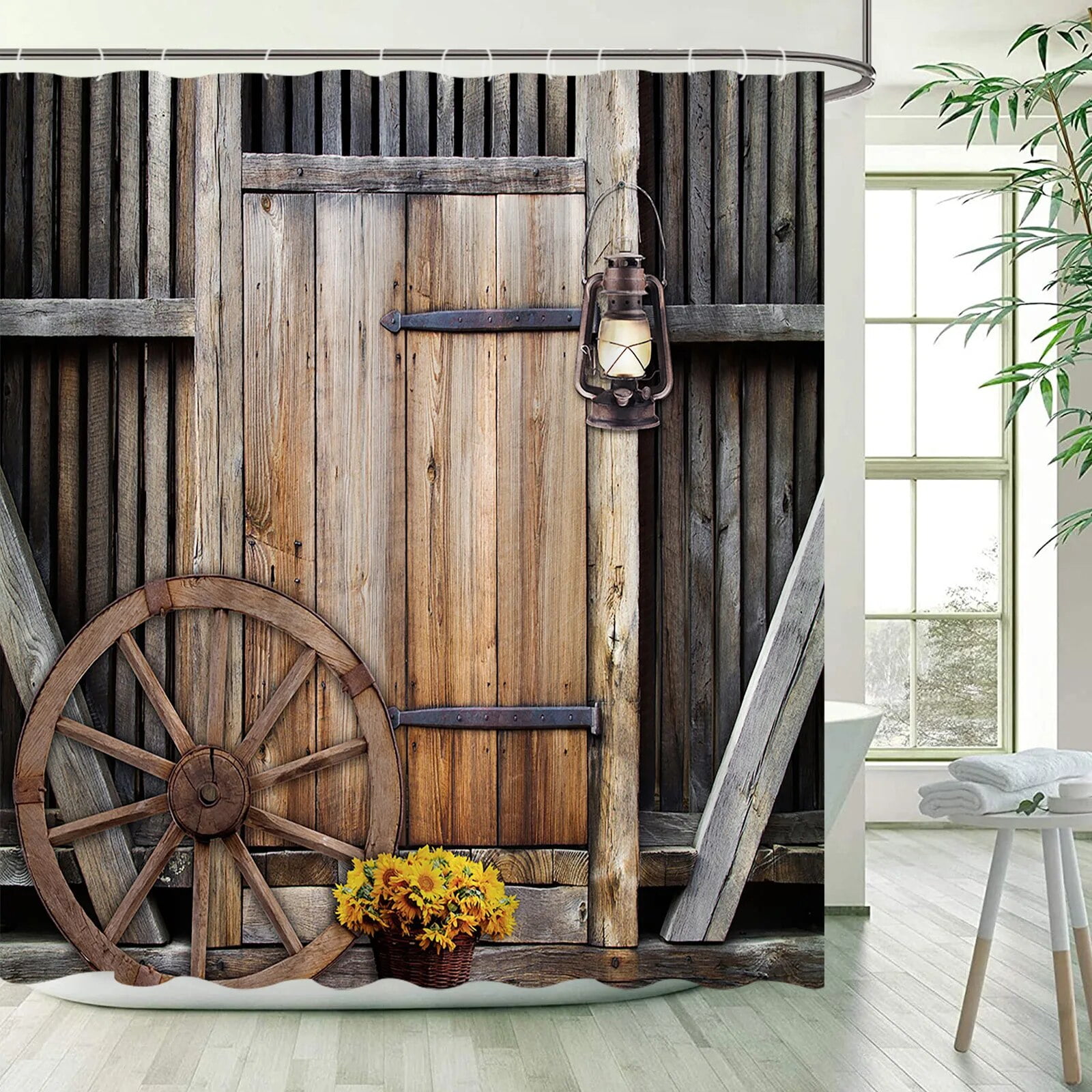 Rustic Shower Curtains Wooden Barn Door in Stone Farmhouse Image ...
