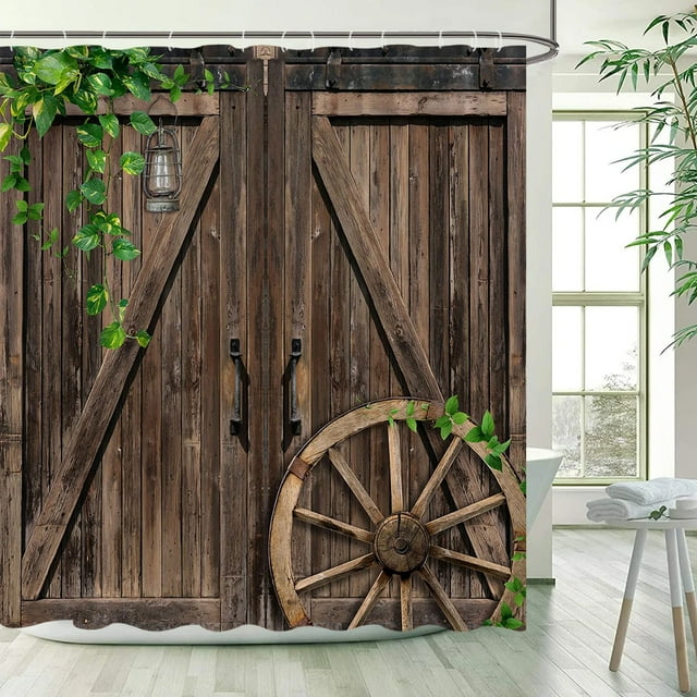 Rustic Shower Curtains Wooden Barn Door in Stone Farmhouse Image ...