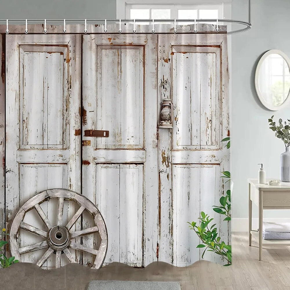 Rustic Shower Curtains Wooden Barn Door in Stone Farmhouse Image ...