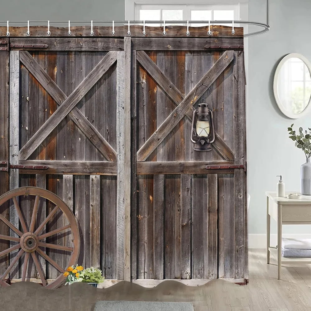 Rustic Shower Curtains Wooden Barn Door in Stone Farmhouse Image ...