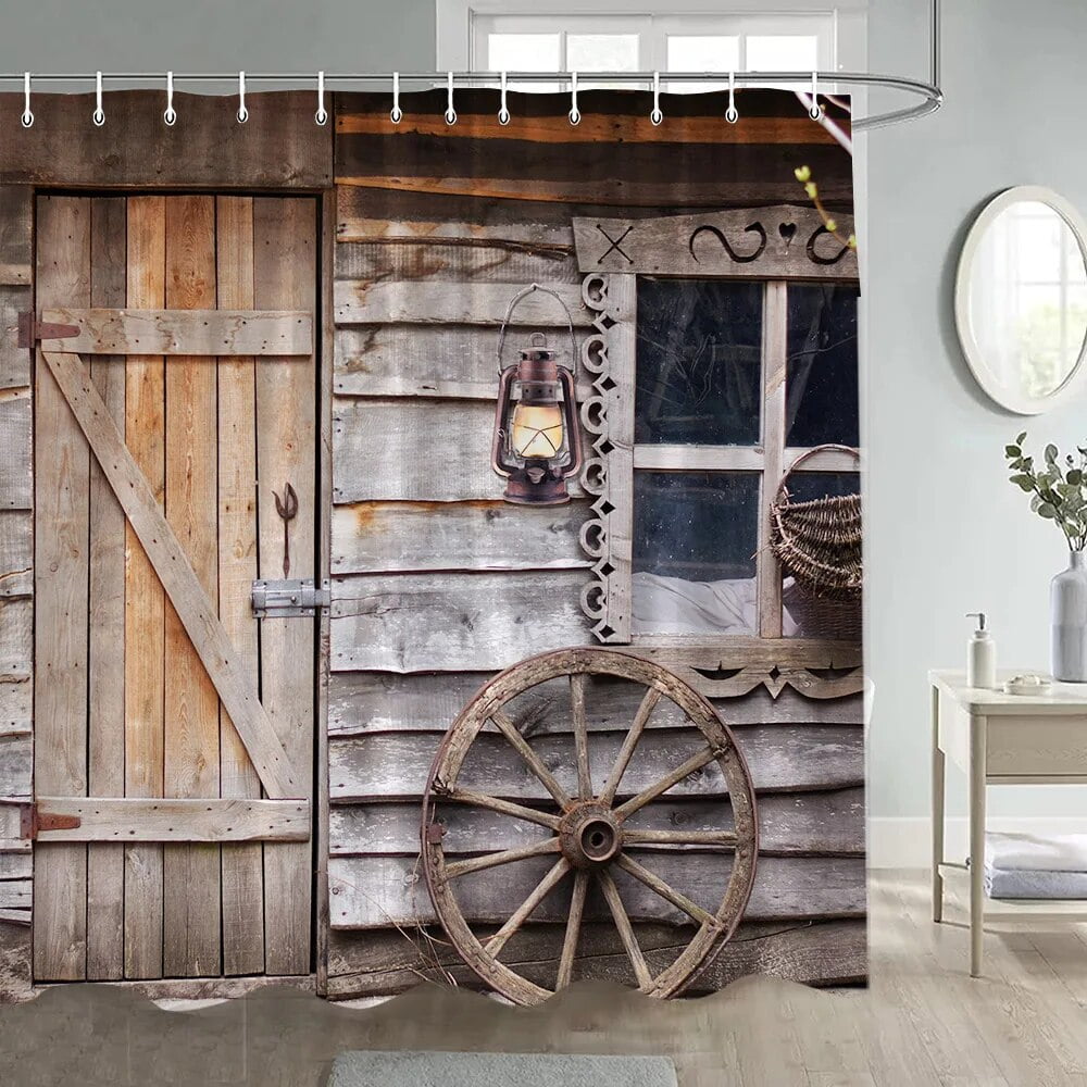 Rustic Shower Curtains Wooden Barn Door in Stone Farmhouse Image ...