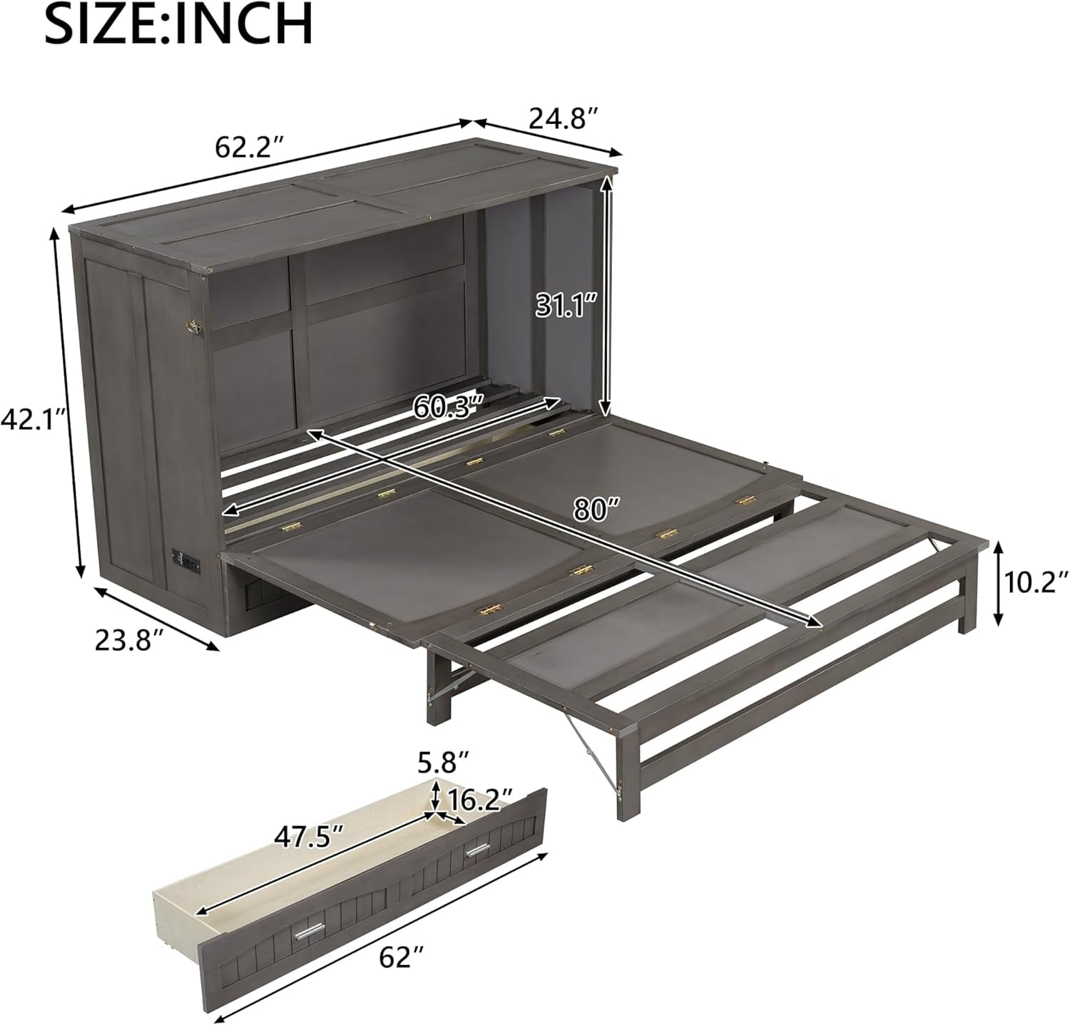 Rustic Size Murphy Bed with Drawer and Built-in Charging Station, Solid ...