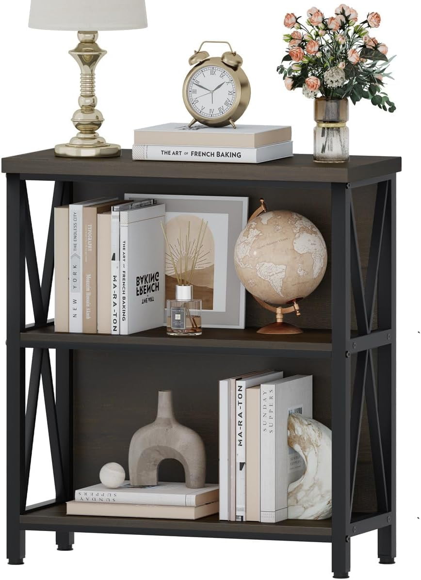 Rustic Small 3 Shelf Bookshelf for Living Room, Industrial Low Wood ...