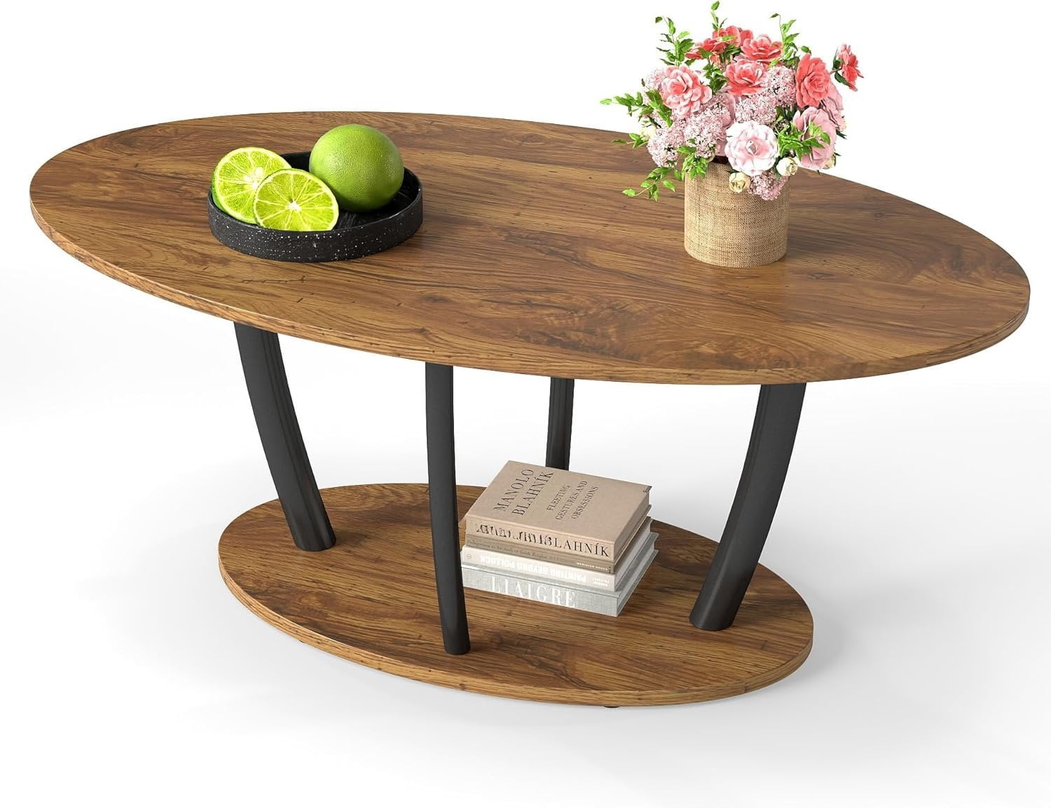 Rustic Small Oval Coffee Table for Room, Narrow Center Table with Shelf ...