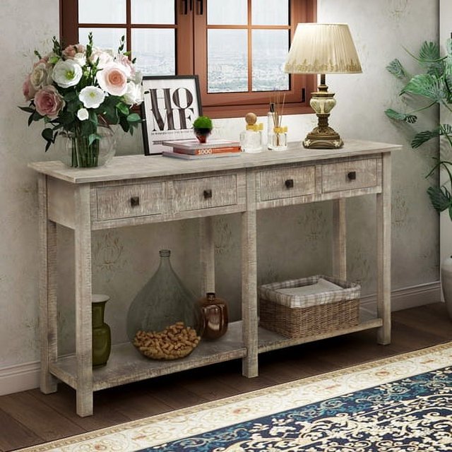 Rustic Solid Wood Console Table Entryway Table with 4 Drawers and Bottom Shelf, Brushed Texture ...