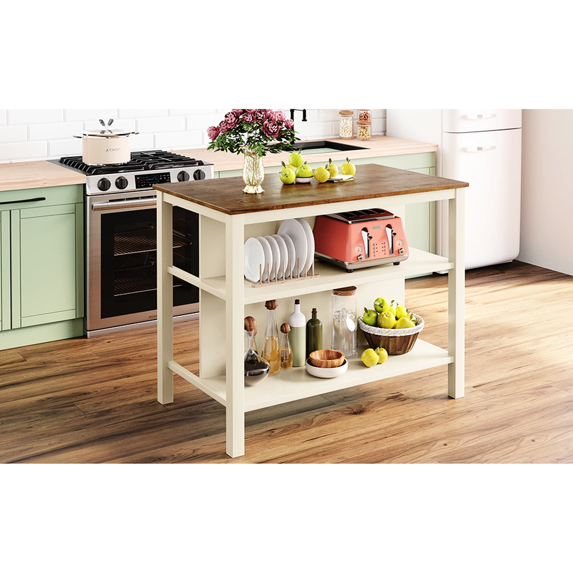 Rustic Solid Wood Kitchen Island And Stools , Butcher Block Table, Open ...