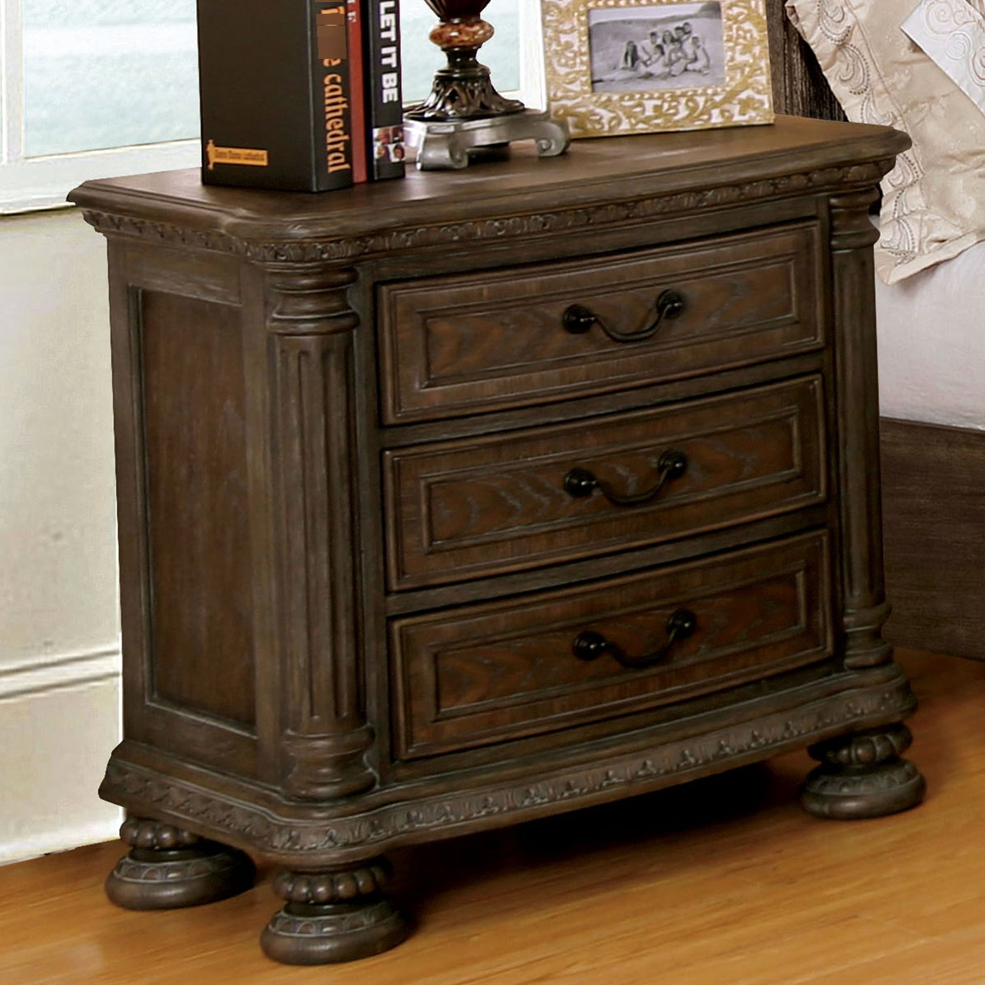 Rustic Solid Wood Nightstand With Bronze Pull And 3 Drawers For Bedroom Atmosphere Enhancement ...