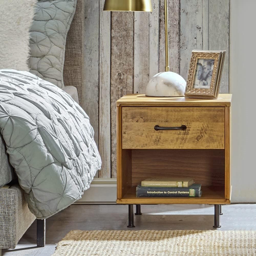Rustic Solid Wood Nightstand with Drawer and Shelf for Bedroom -Century ...