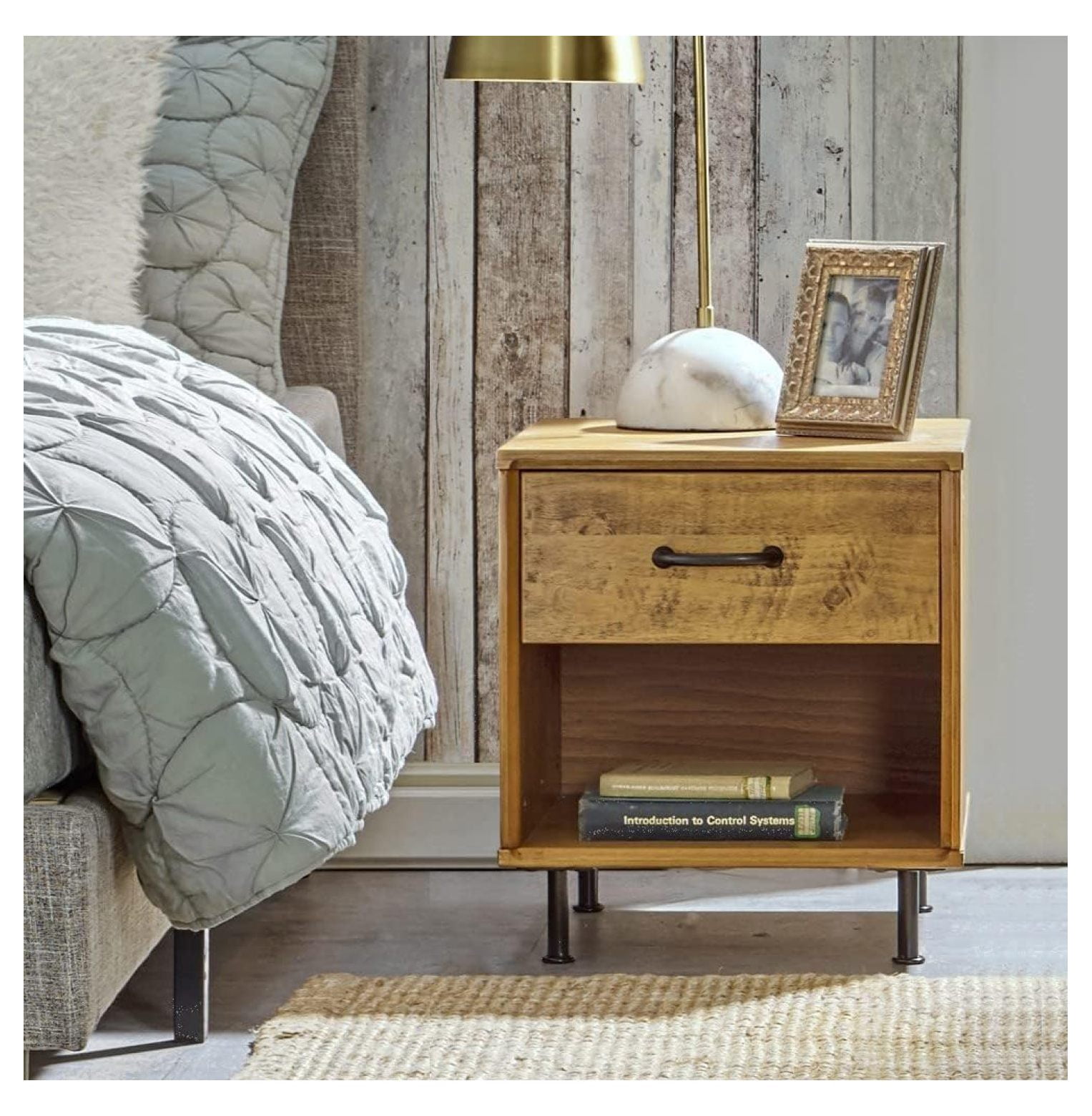 Rustic Solid Wood Nightstand with Drawer and Shelf, Mid-Century Modern ...