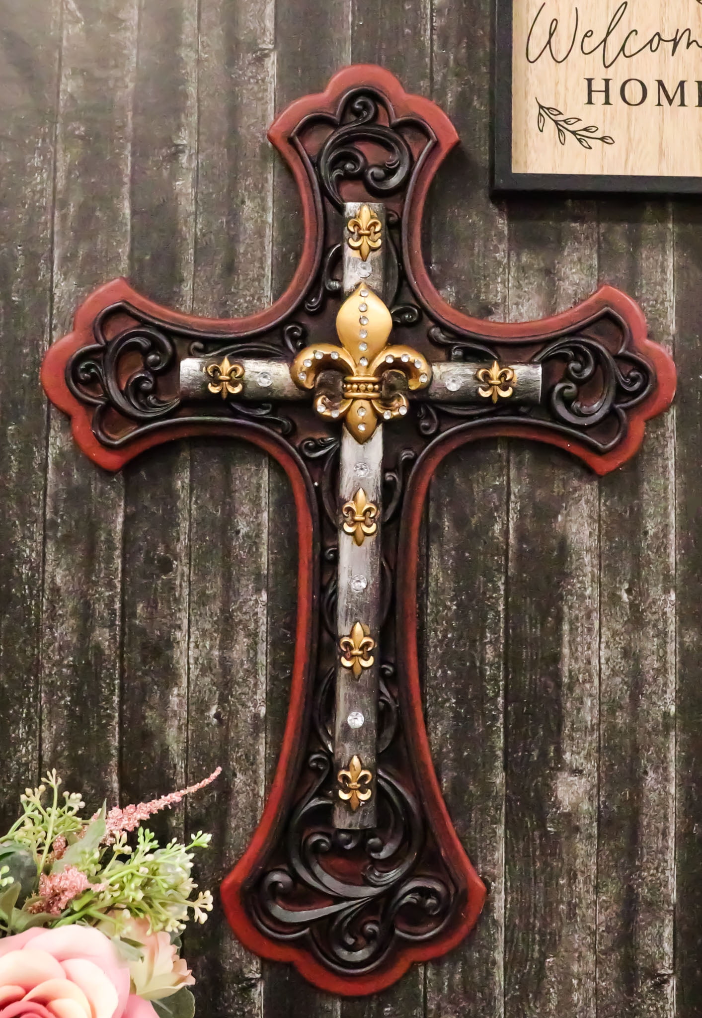 Rustic Southwestern French Fleur De Lis Scrollwork Red Gold Silver Wall ...