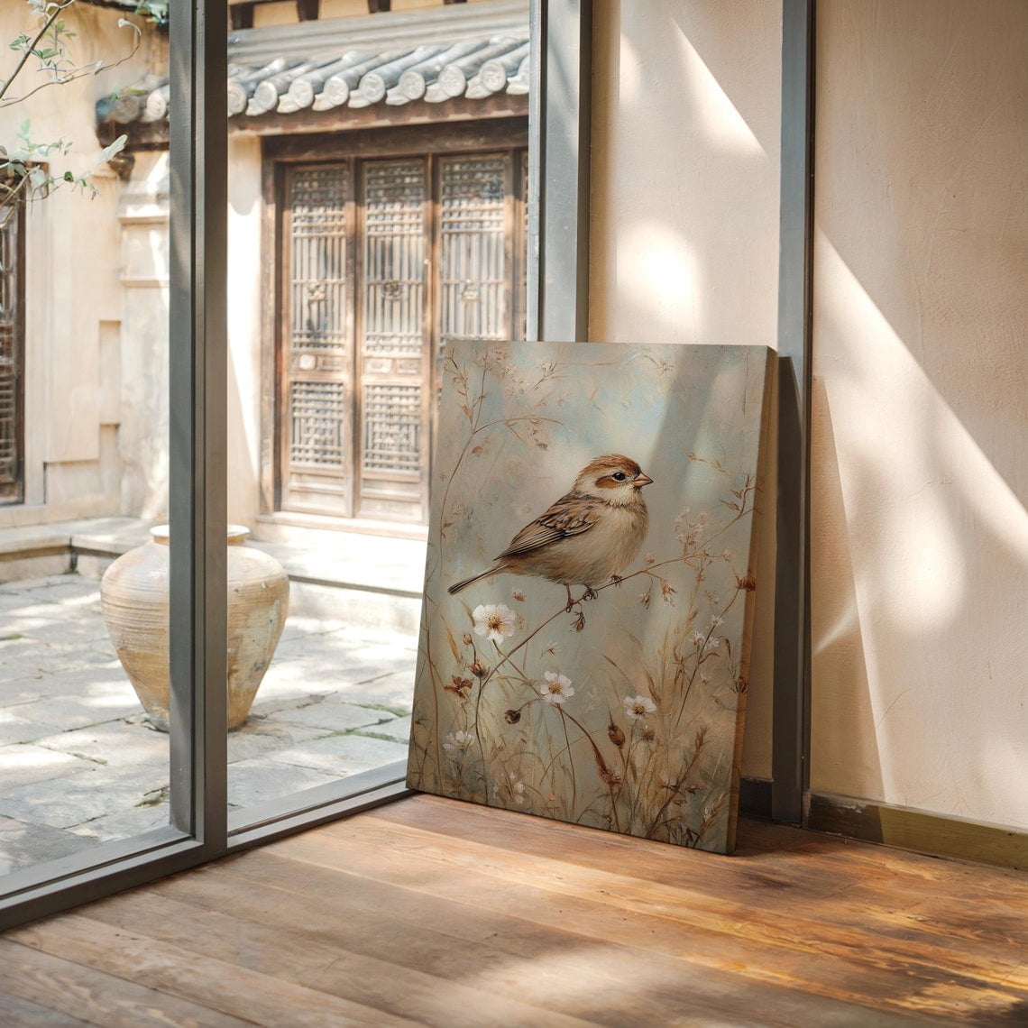 Rustic Sparrow Bird Print Nature-Inspired Floral Wall Art UNFRAMED ...