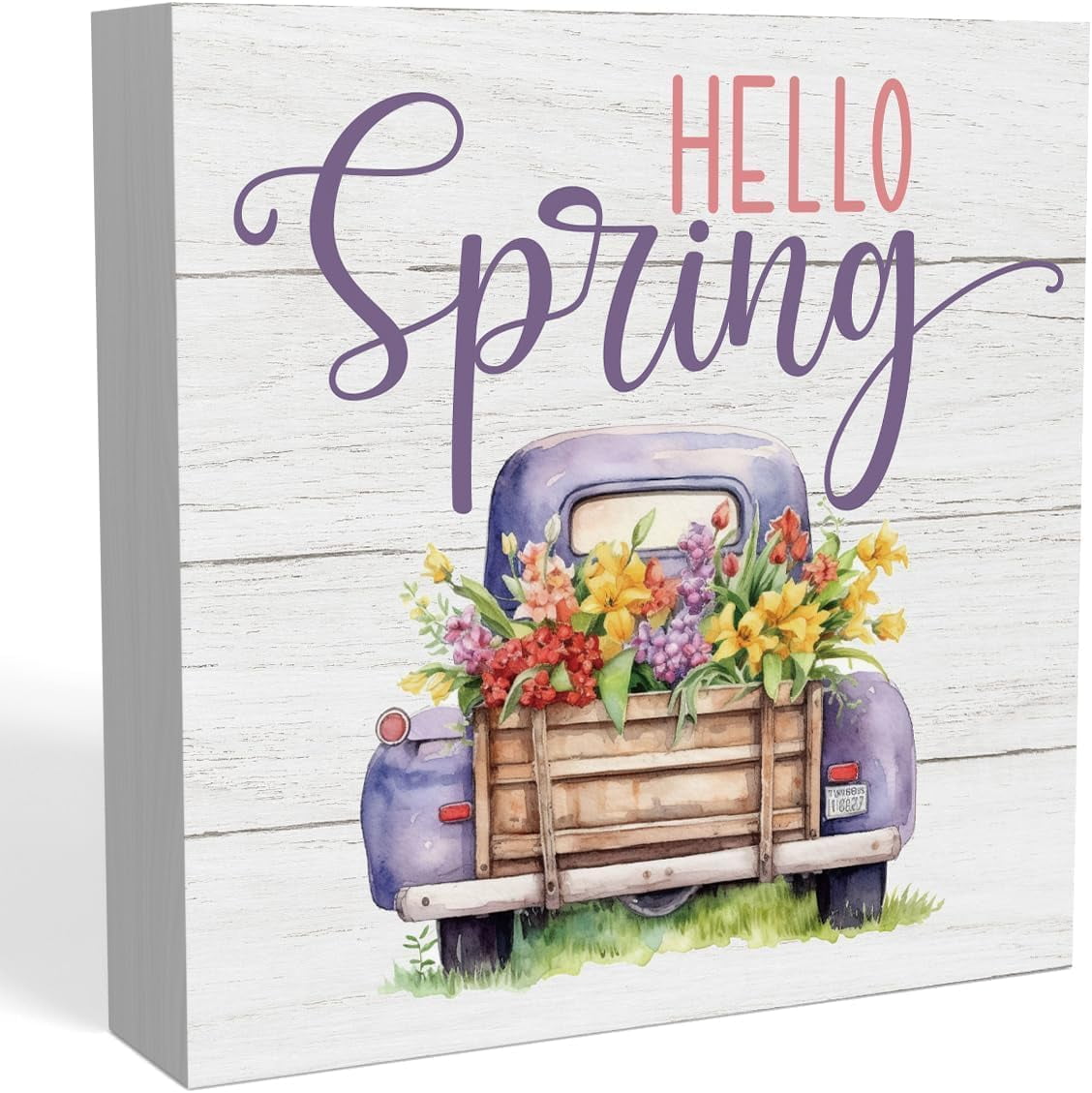 Rustic Spring Office Desk Decor - Cute Hello Spring Flower Purple Truck ...