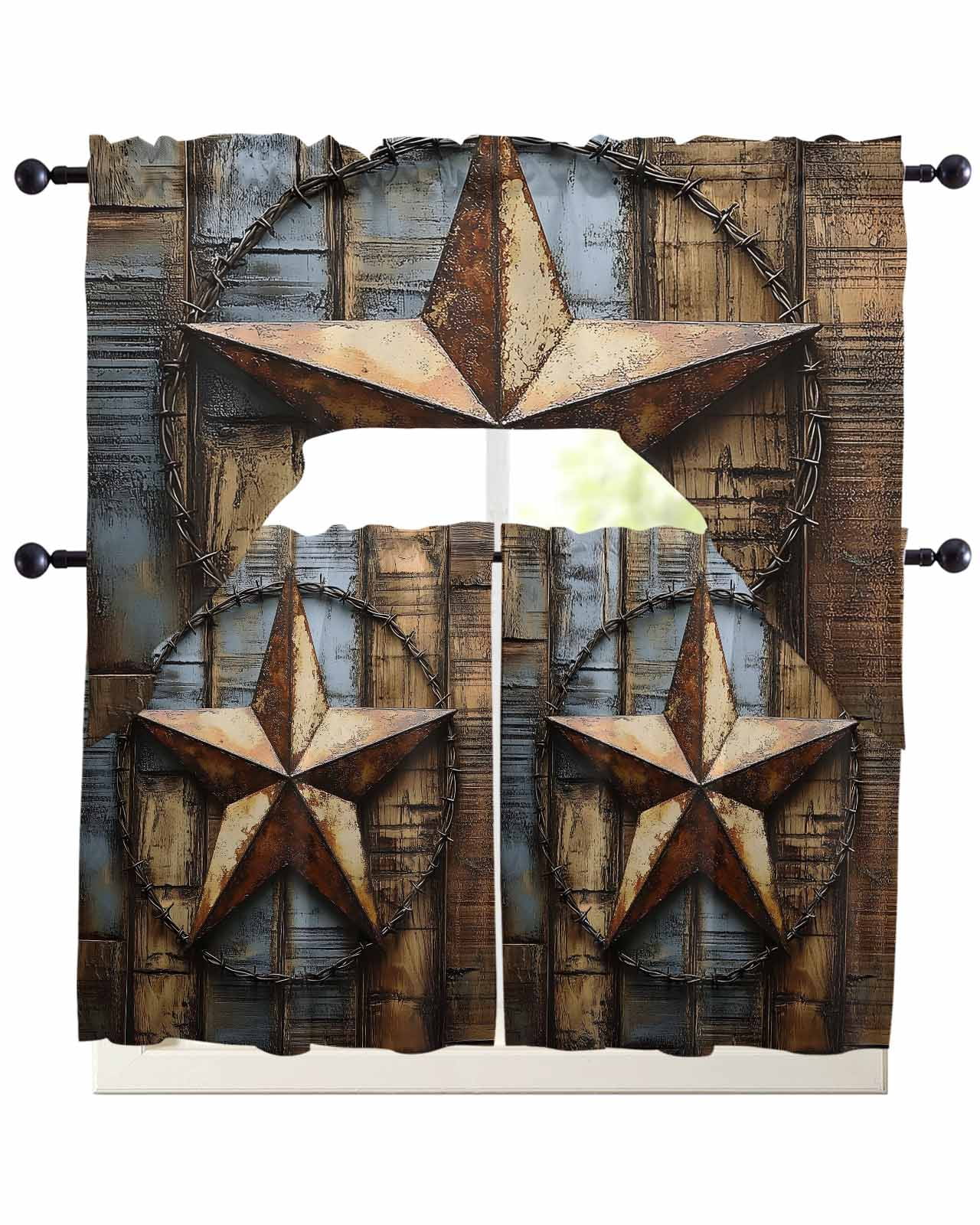 Rustic Star Brown Kitchen Curtains Swag Valance and Tier Curtains Set ...
