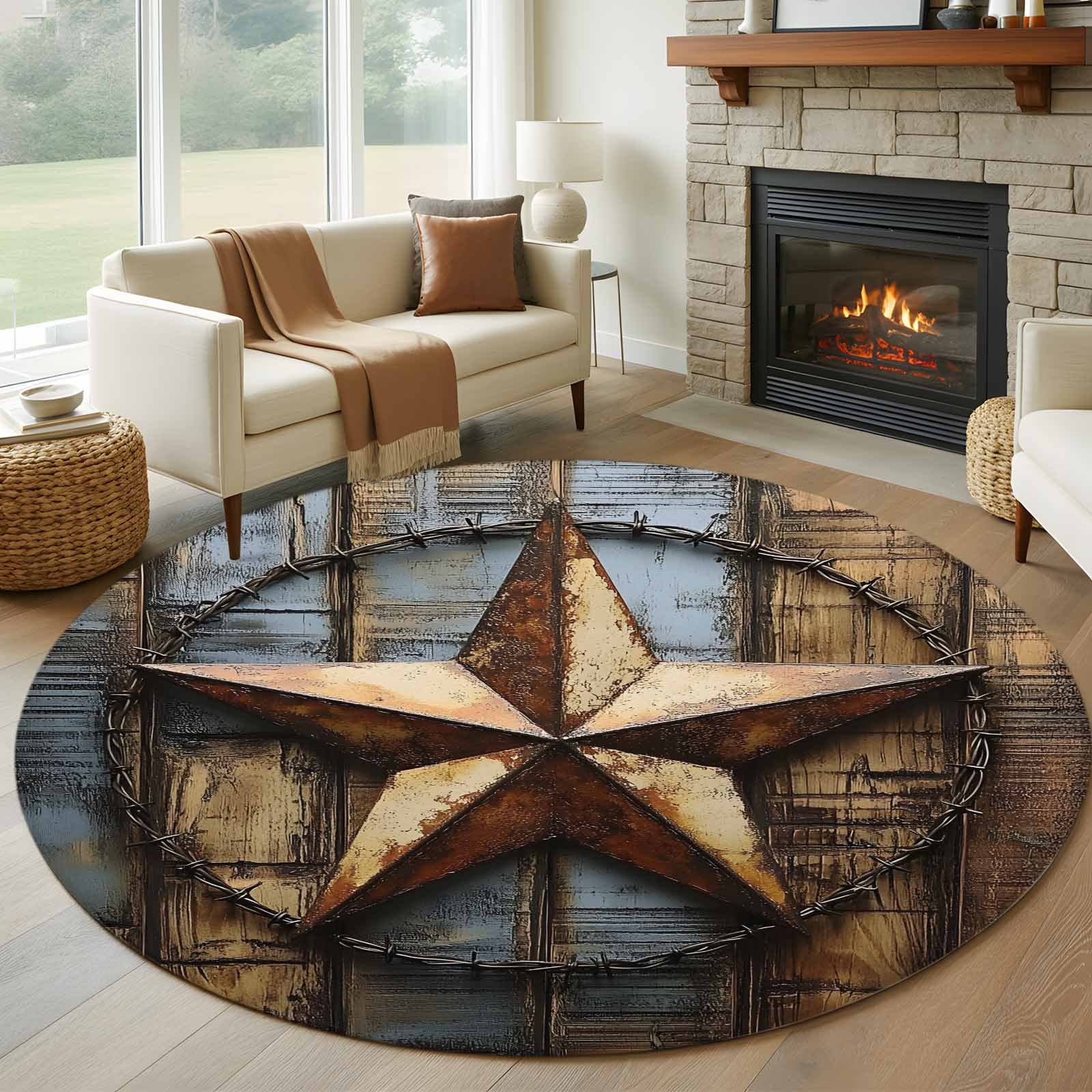Rustic Star Brown Round Rug 5ft Washable Circle Kitchen Rugs Non Slip ...