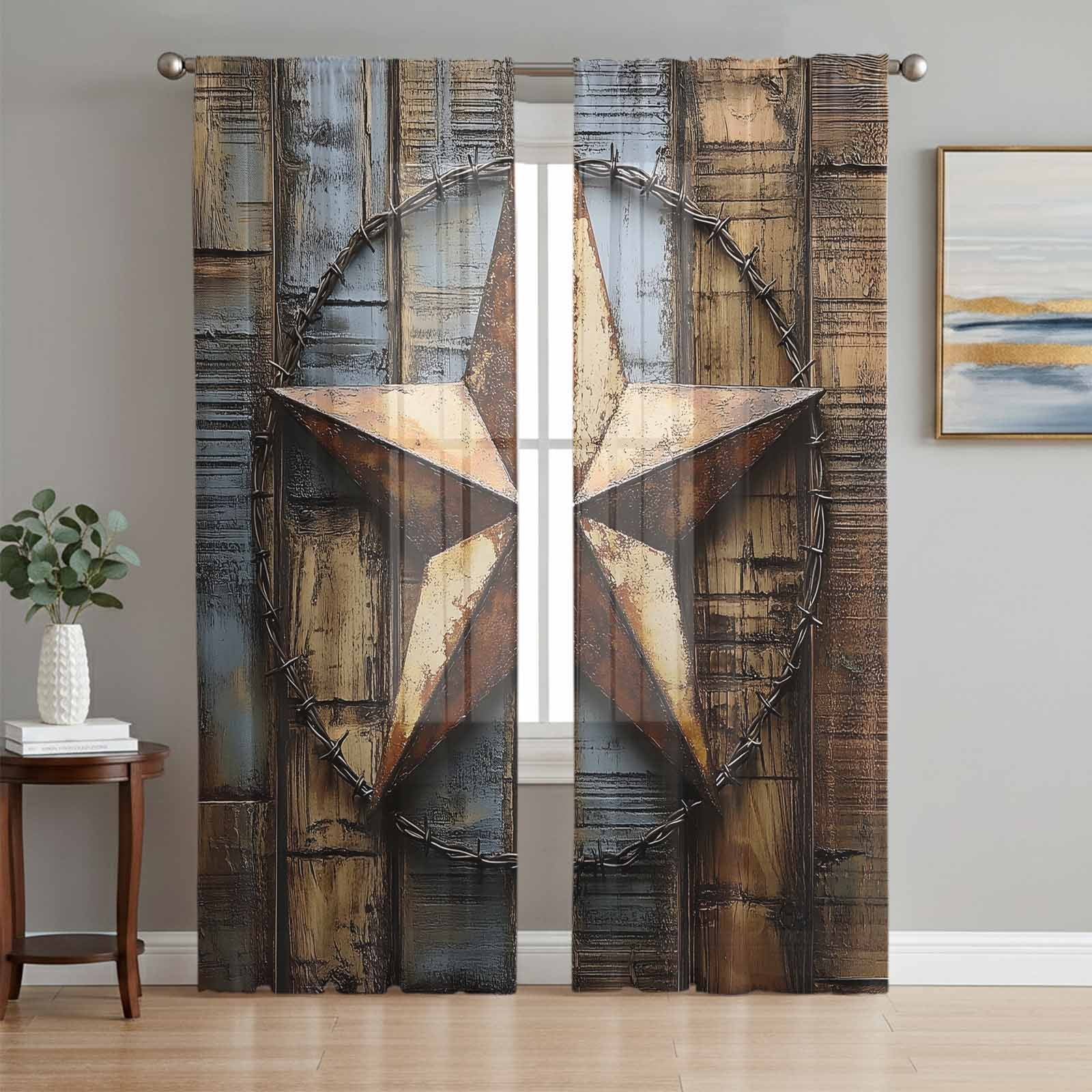 Rustic Star Brown Sheer Curtains 84 Inch Length 2 Panels Set, Vintage ...