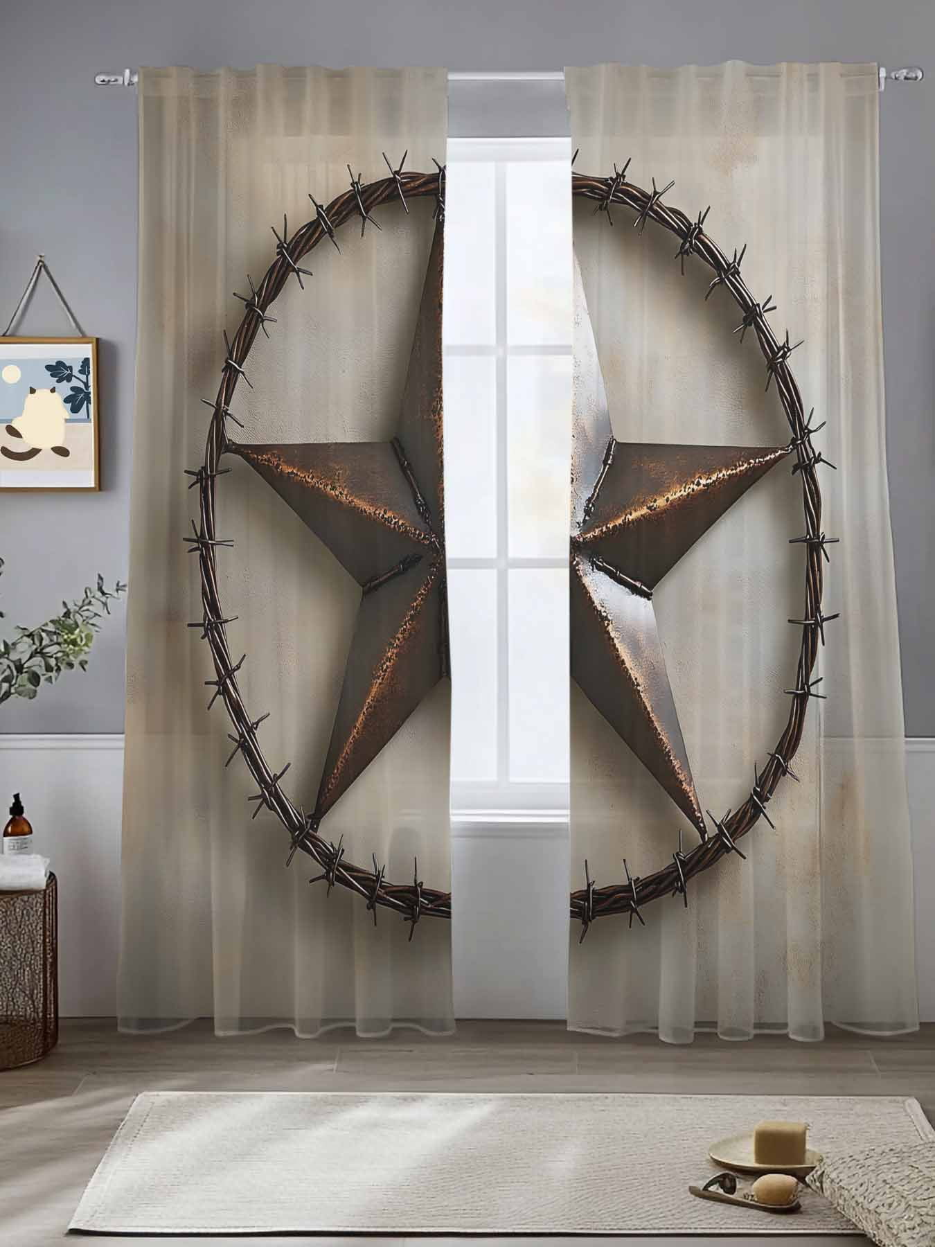 Rustic Star Brown Sheer Curtains for Living Room Bedroom Retro Country ...