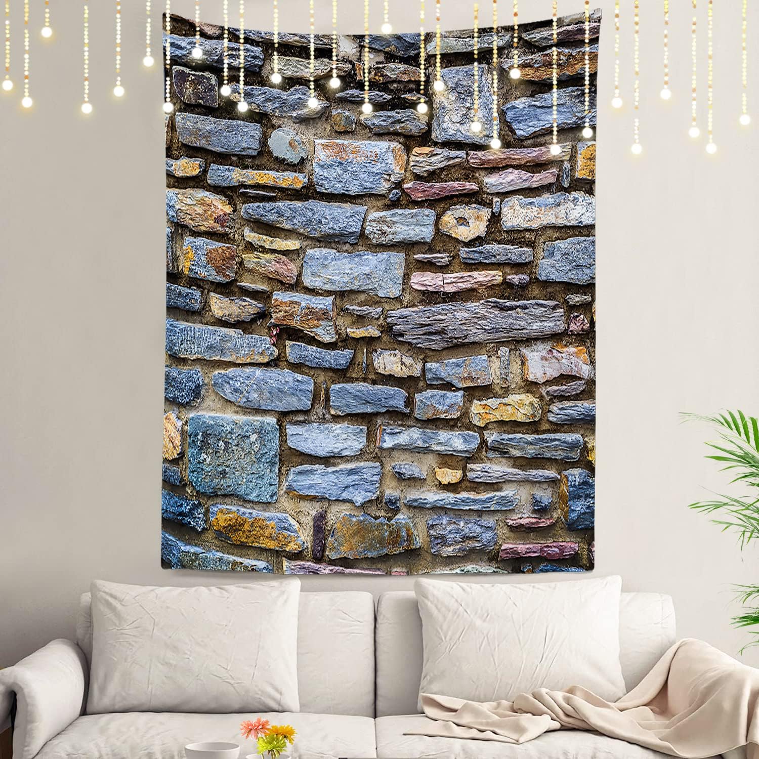 Rustic Stone Wall Wall Tapestry, Blue Yellow and Gray Tones Stone Wall ...