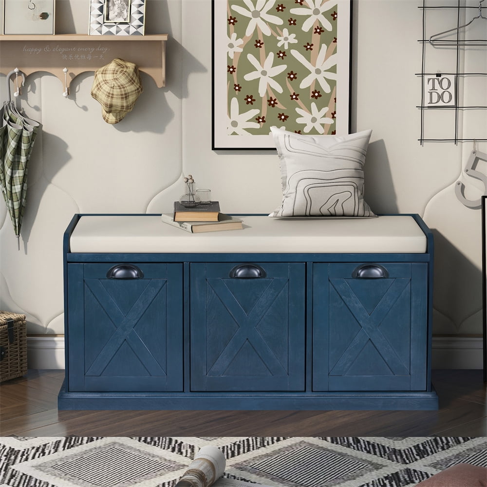 Rustic Storage Bench with 3 Sliding Drawers, Wooden Shoe Bench with ...