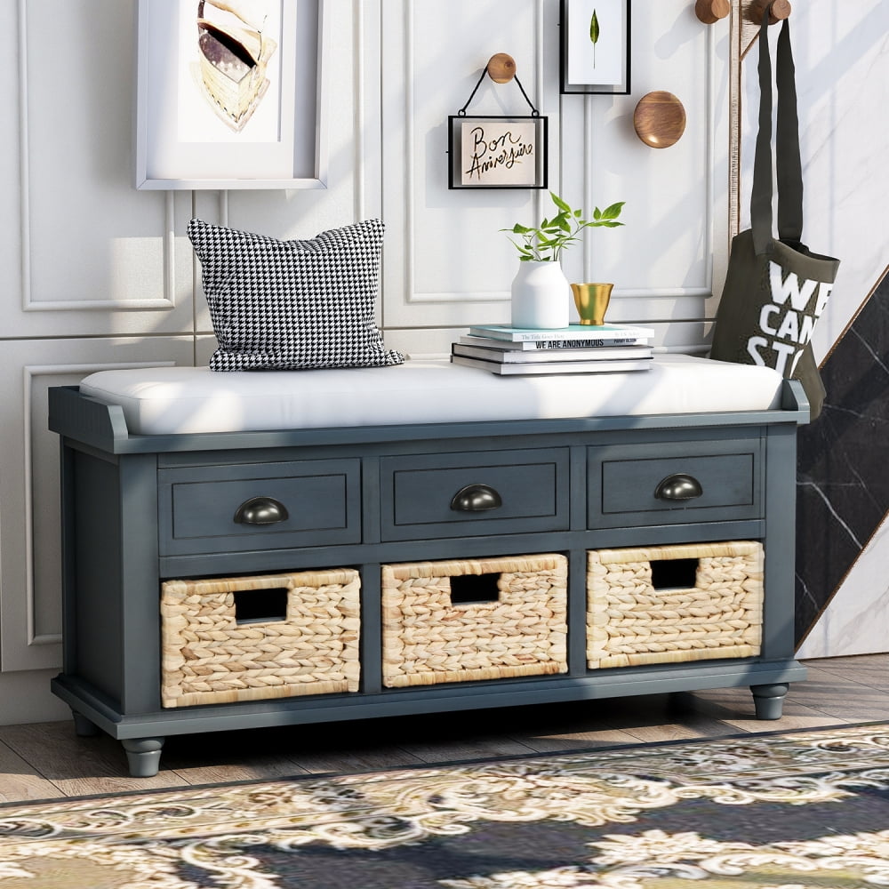 Rustic Storage Bench,Entryway Storage Bench with 3 Drawers and 3 Rattan ...