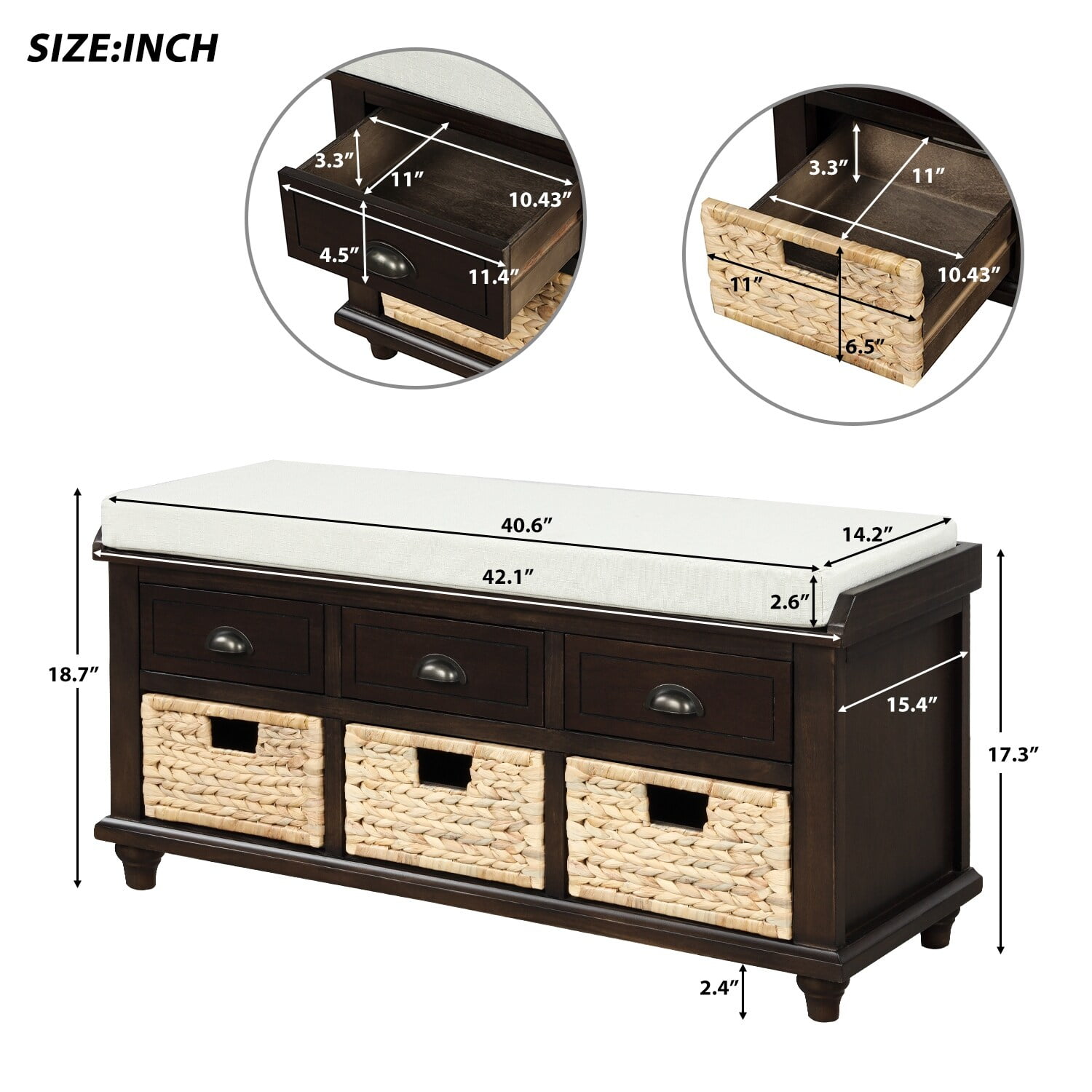 Rustic Storage Bench with 3 Drawers and 3 Rattan Baskets, Shoe Bench ...
