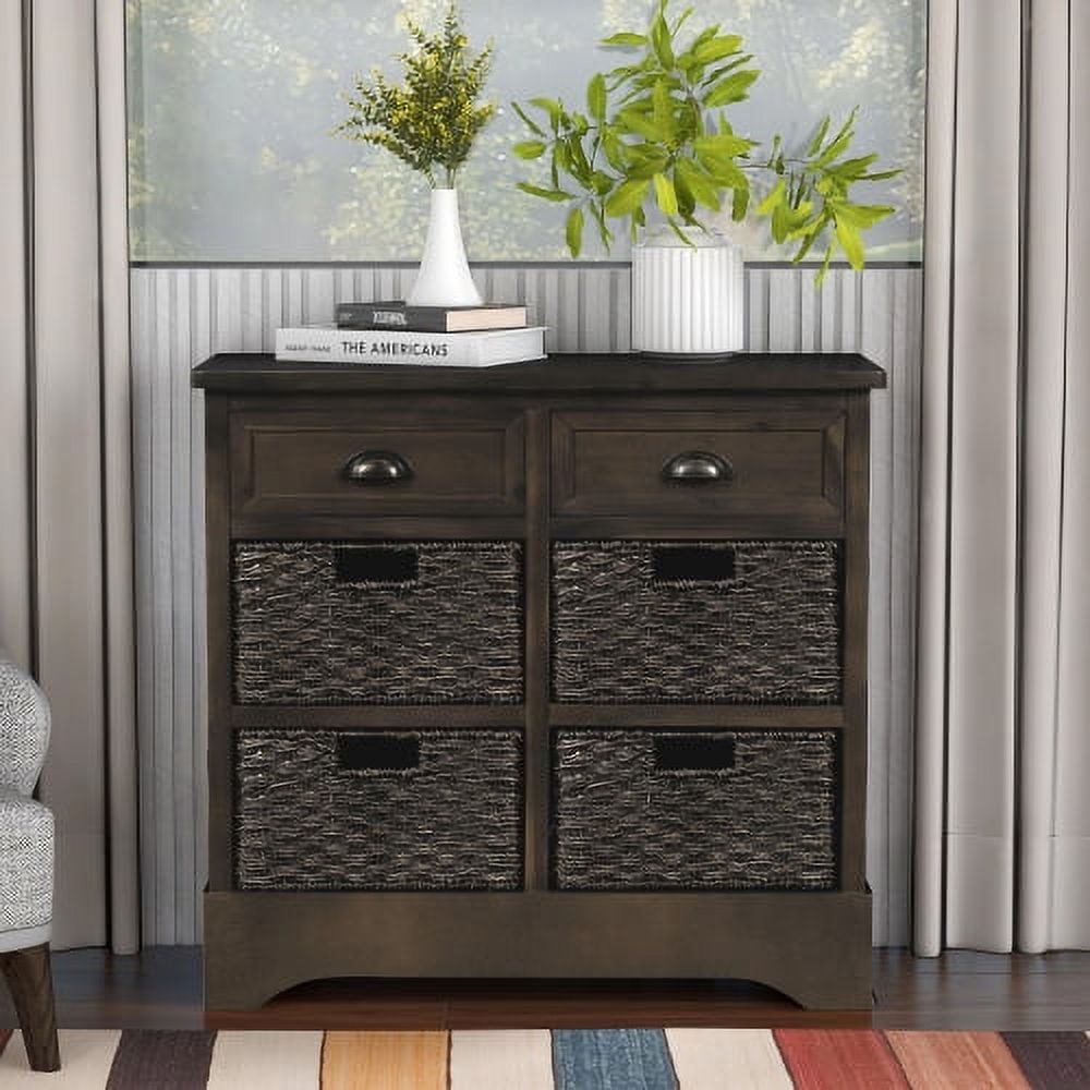 Rustic Storage Cabinet with 2 Drawers and 4 Classic Rattan Basket ...