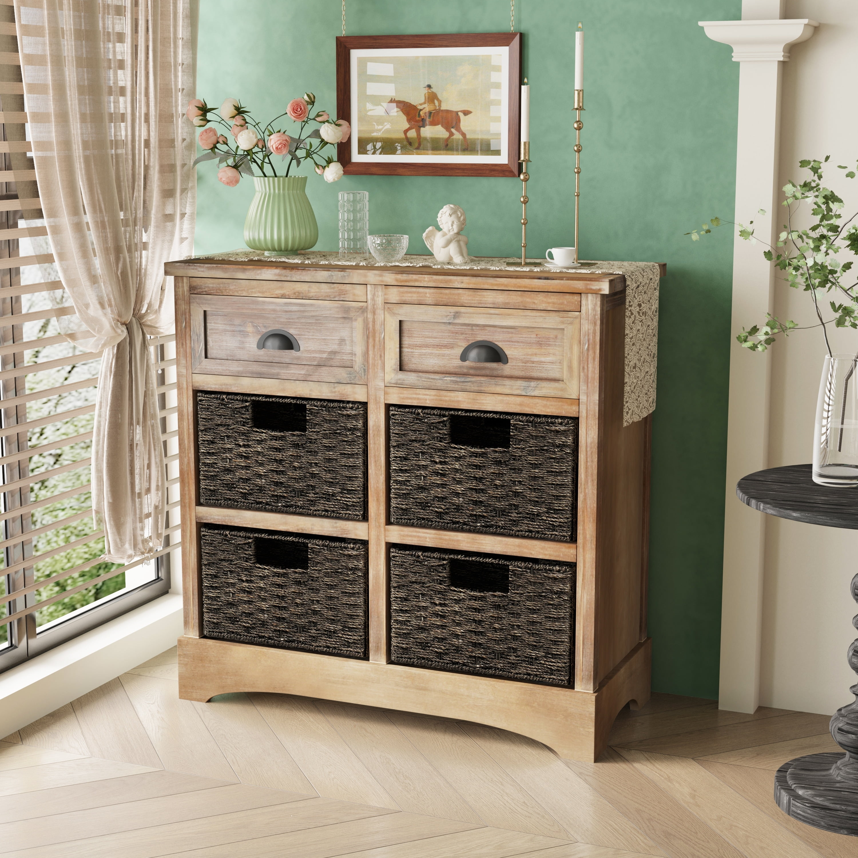 Rustic Storage Cabinet with Drawers and Baskets White Washed - Walmart.com