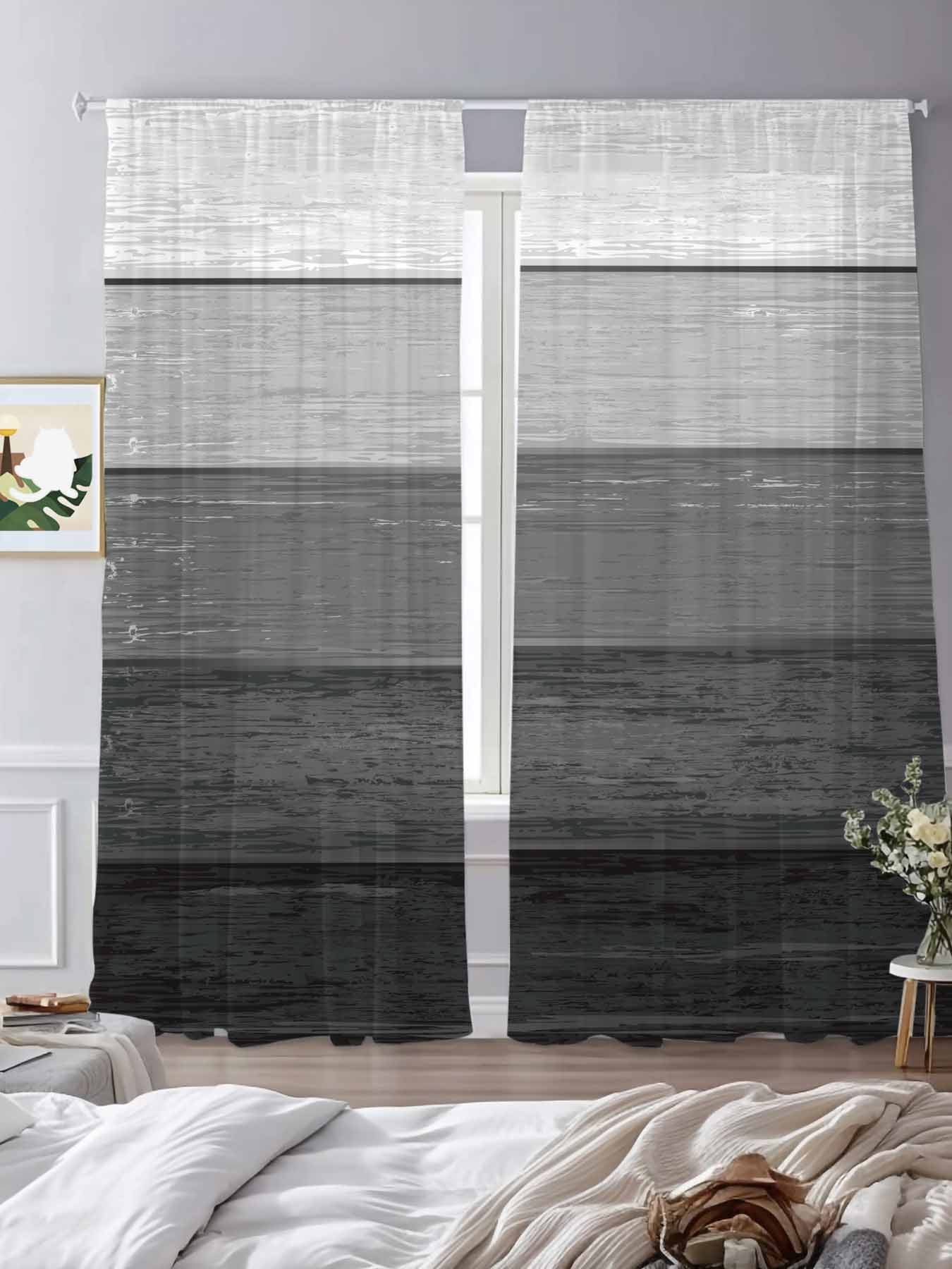 Rustic Stripes Sheer Curtains 96 inches Long 2 Panels Set Gray Gradient ...