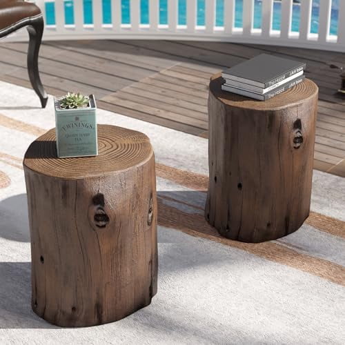 Rustic Stump Side Table Set of 2, Chocolate Brown Wood-Look End Table ...