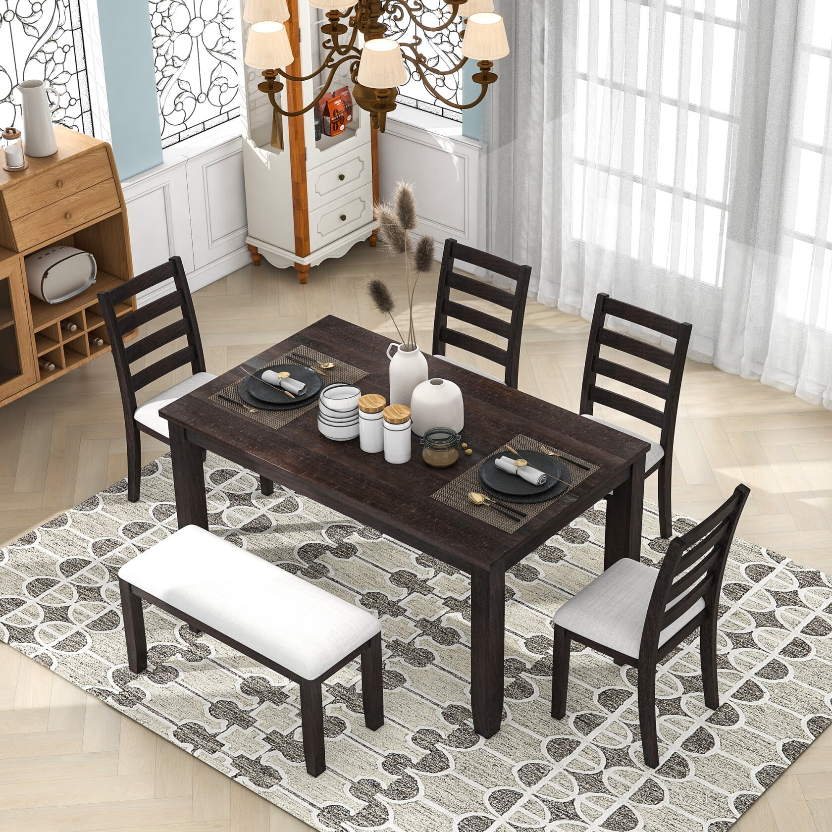 Rustic Style 6-Piece Dining Table Set for 6 People, Kitchen Table Set ...